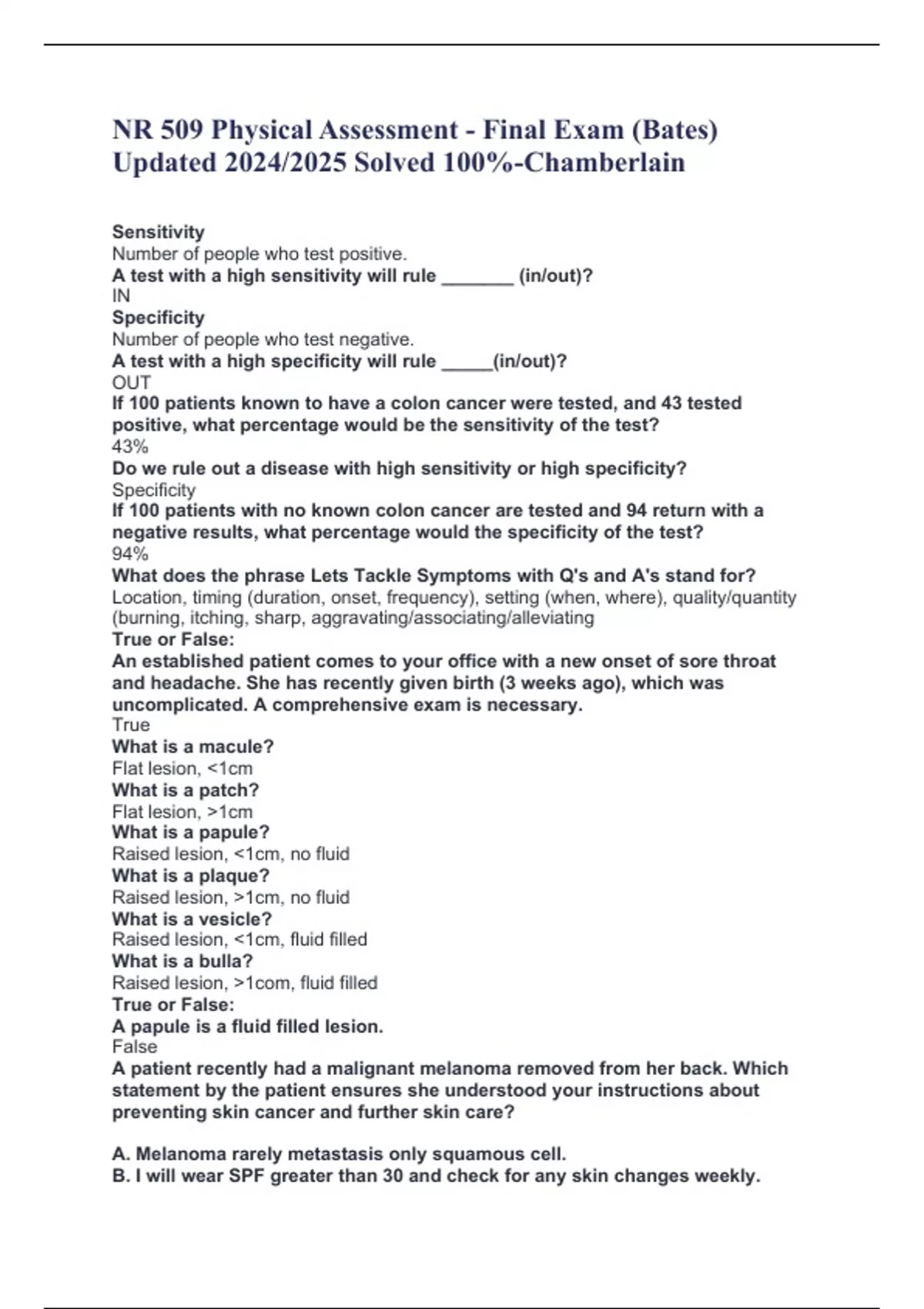 NR 509 Physical Assessment - Final Exam (Bates) Updated 2024/2025 ...