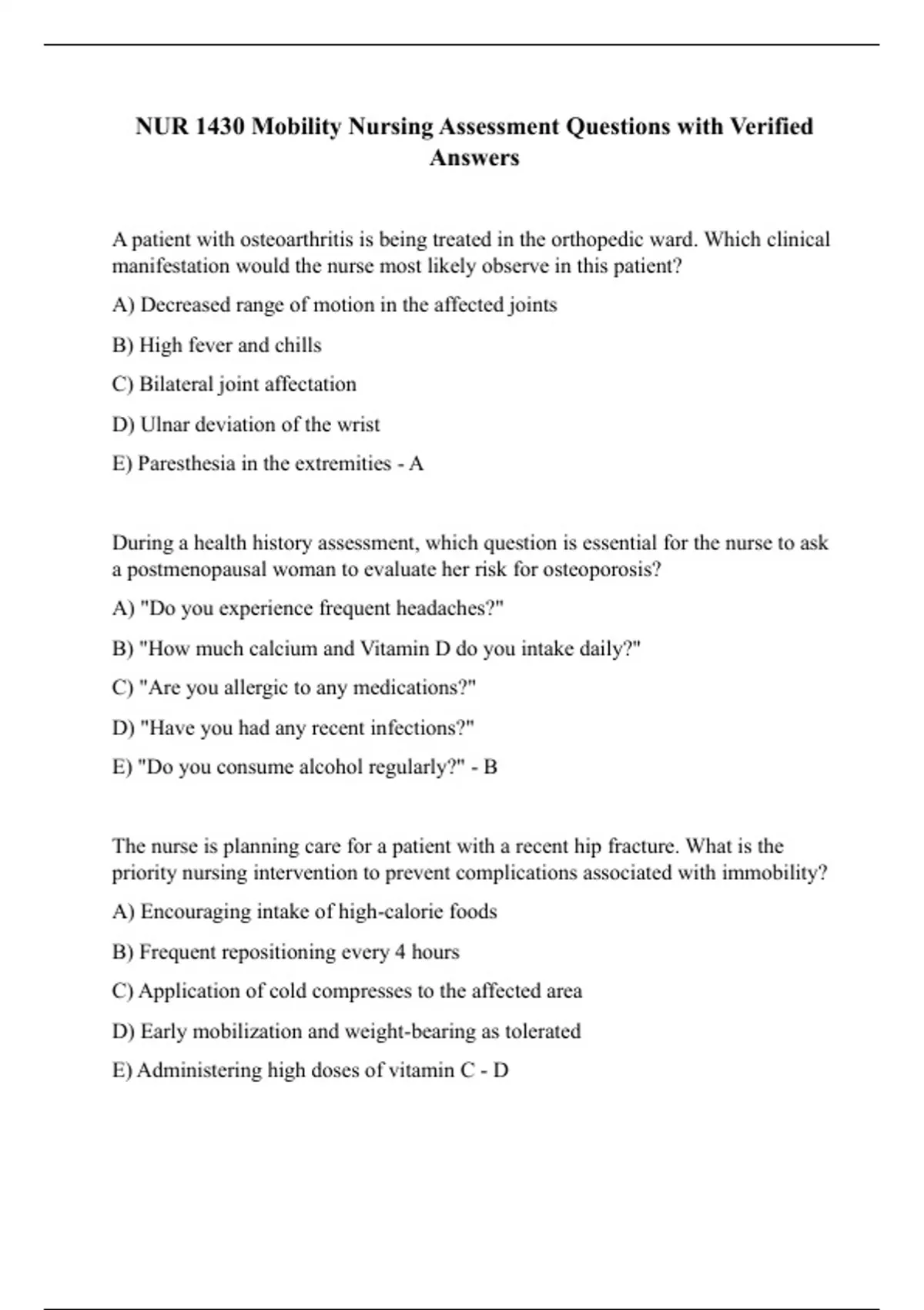 NUR 1430 Mobility Nursing Assessment Questions with Verified Answers ...