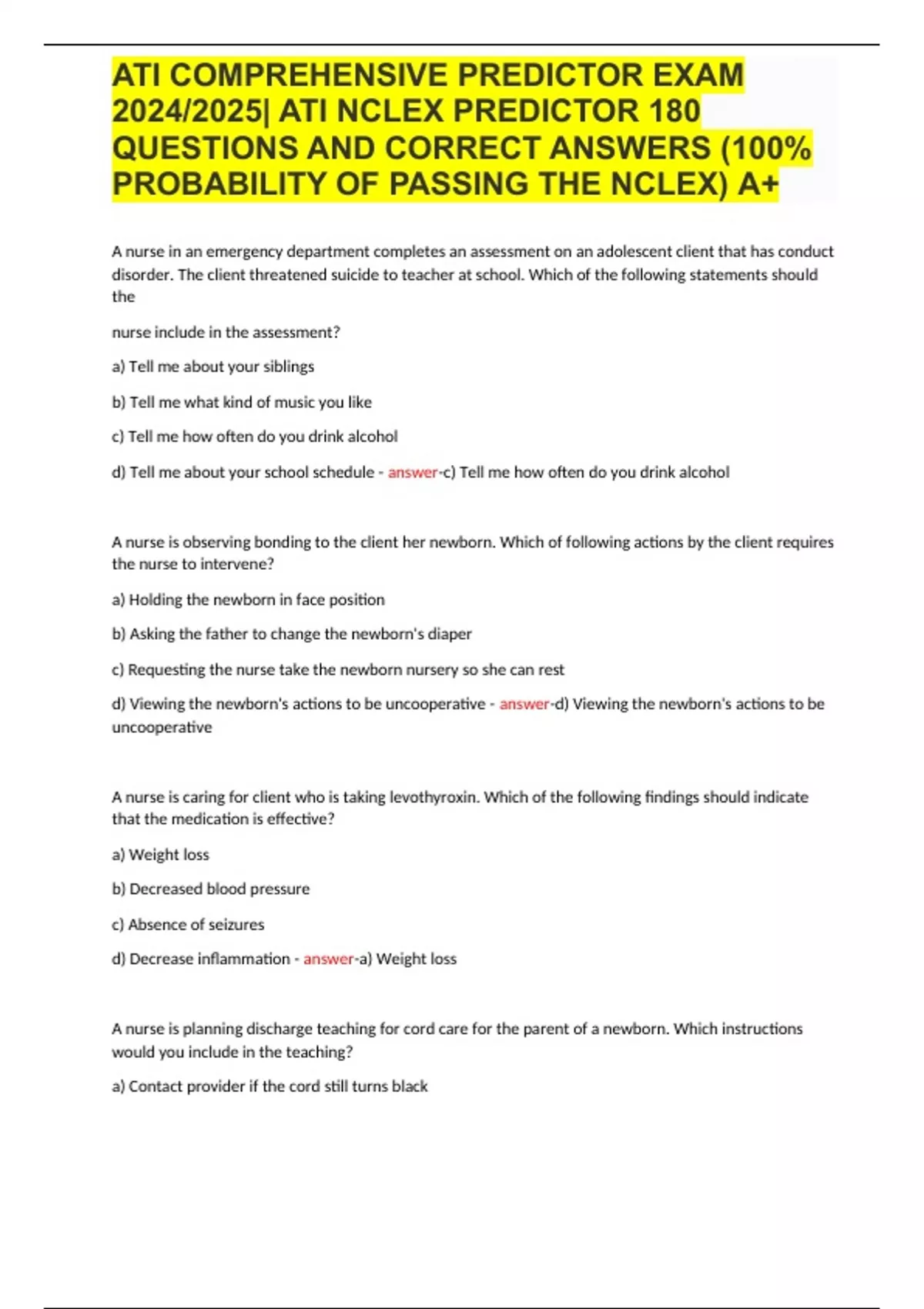 ATI COMPREHENSIVE PREDICTOR EXAM 2024/2025| ATI NCLEX PREDICTOR 180 ...