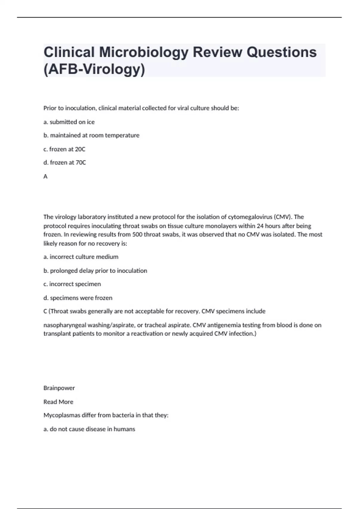 Clinical Microbiology Review Questions (AFB-Virology) fully solved 2024 ...