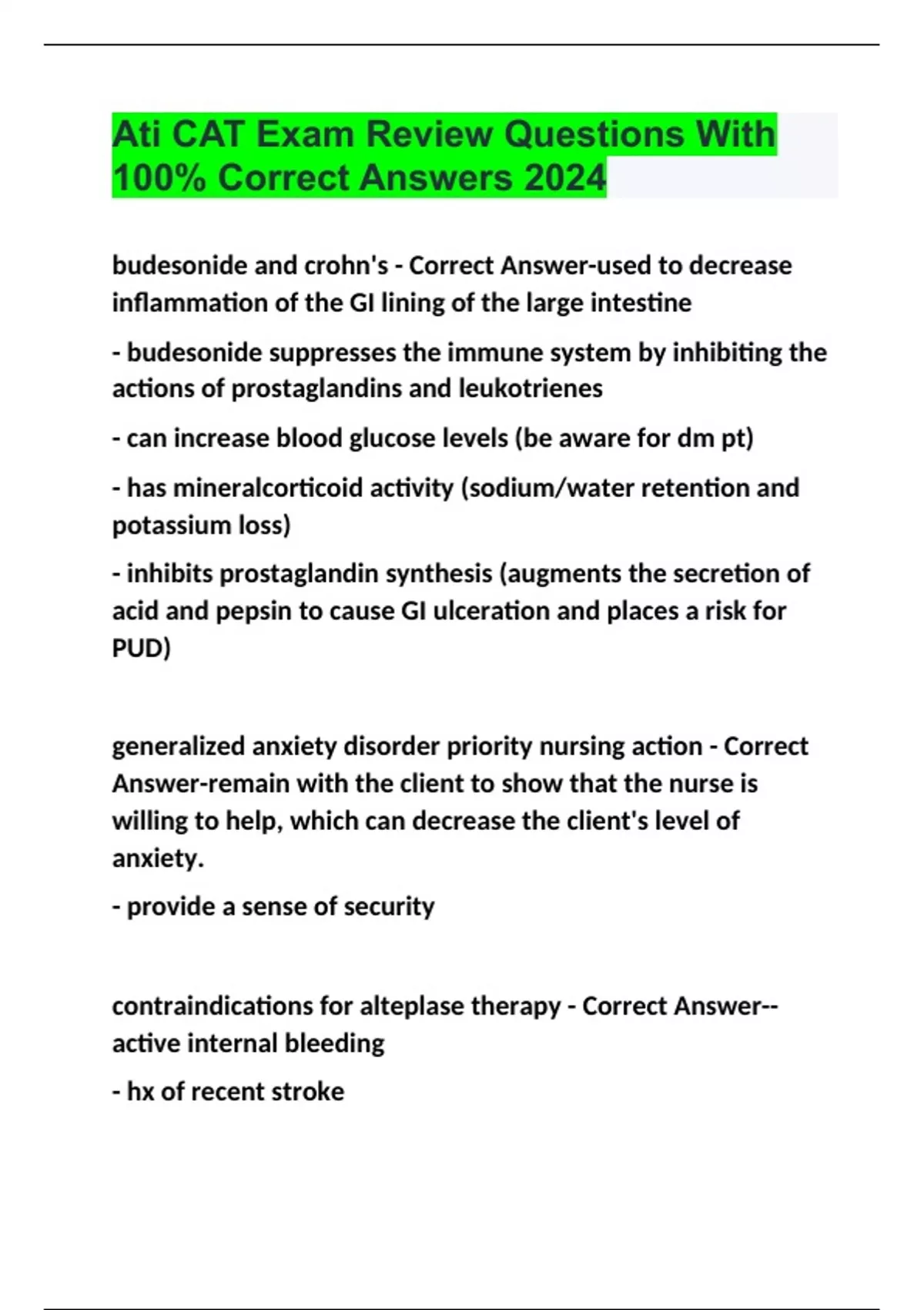 Ati CAT Exam Review Questions With 100% Correct Answers 2024 - Ati CAT ...