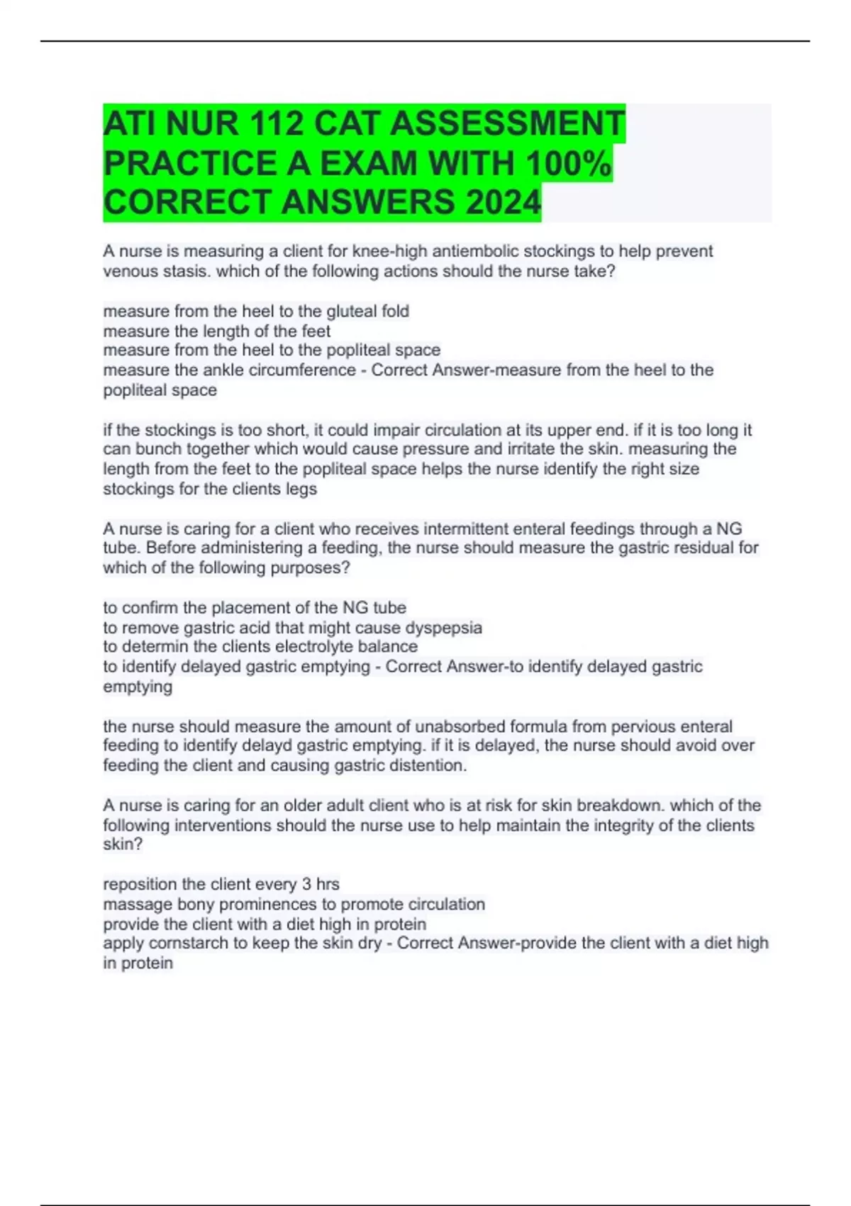 ATI NUR 112 CAT ASSESSMENT PRACTICE A EXAM WITH 100% CORRECT ANSWERS ...