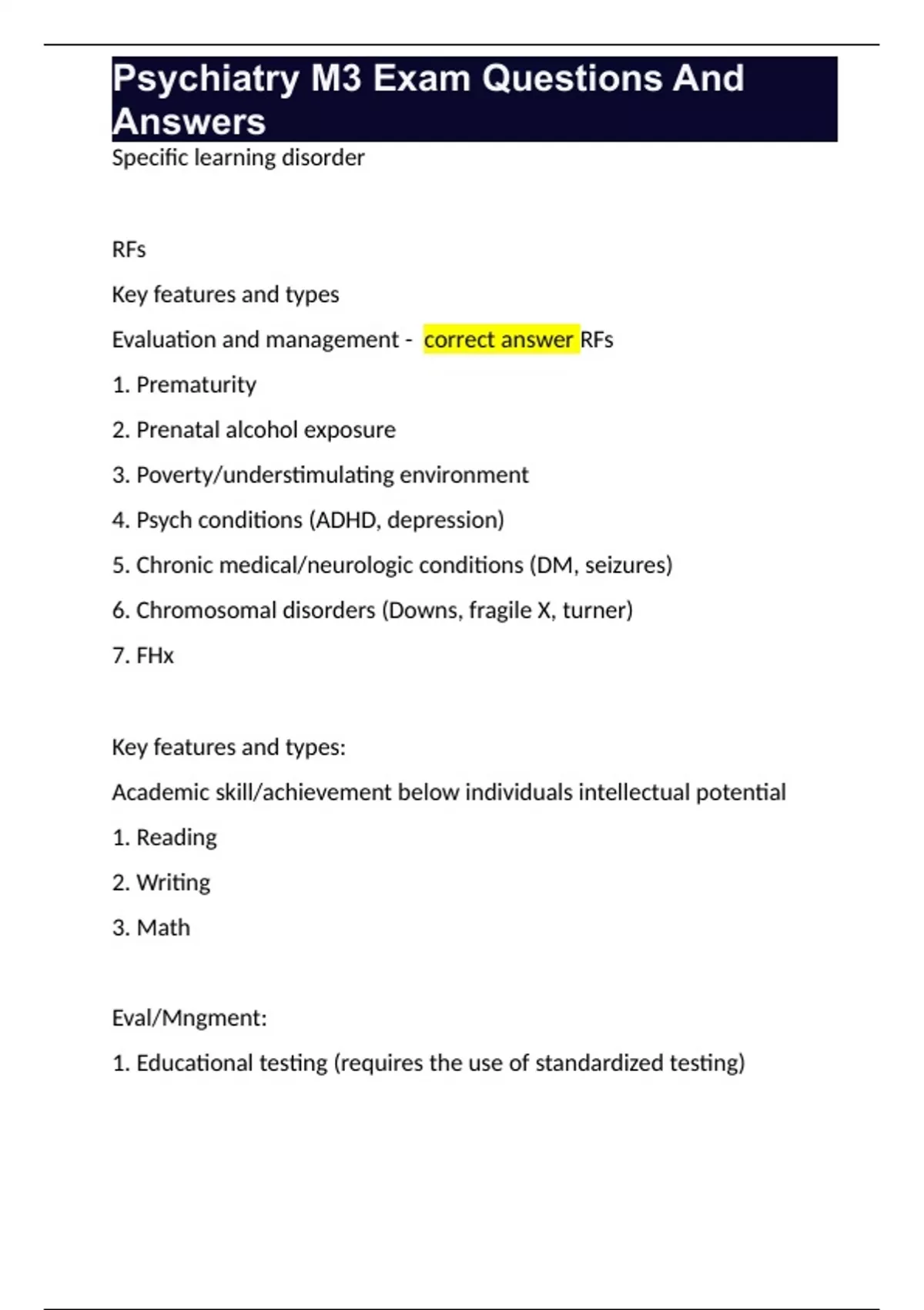 Psychiatry M3 Exam Questions And Answers - Psychiatry M3 - Stuvia US
