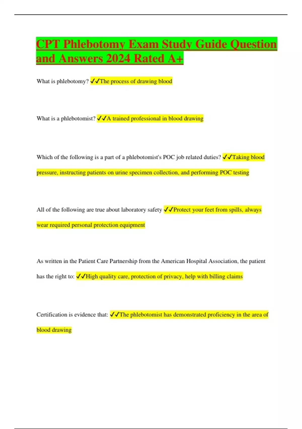 CPT Phlebotomy Exam Study Guide Question and Answers 2024 Rated A+ ...