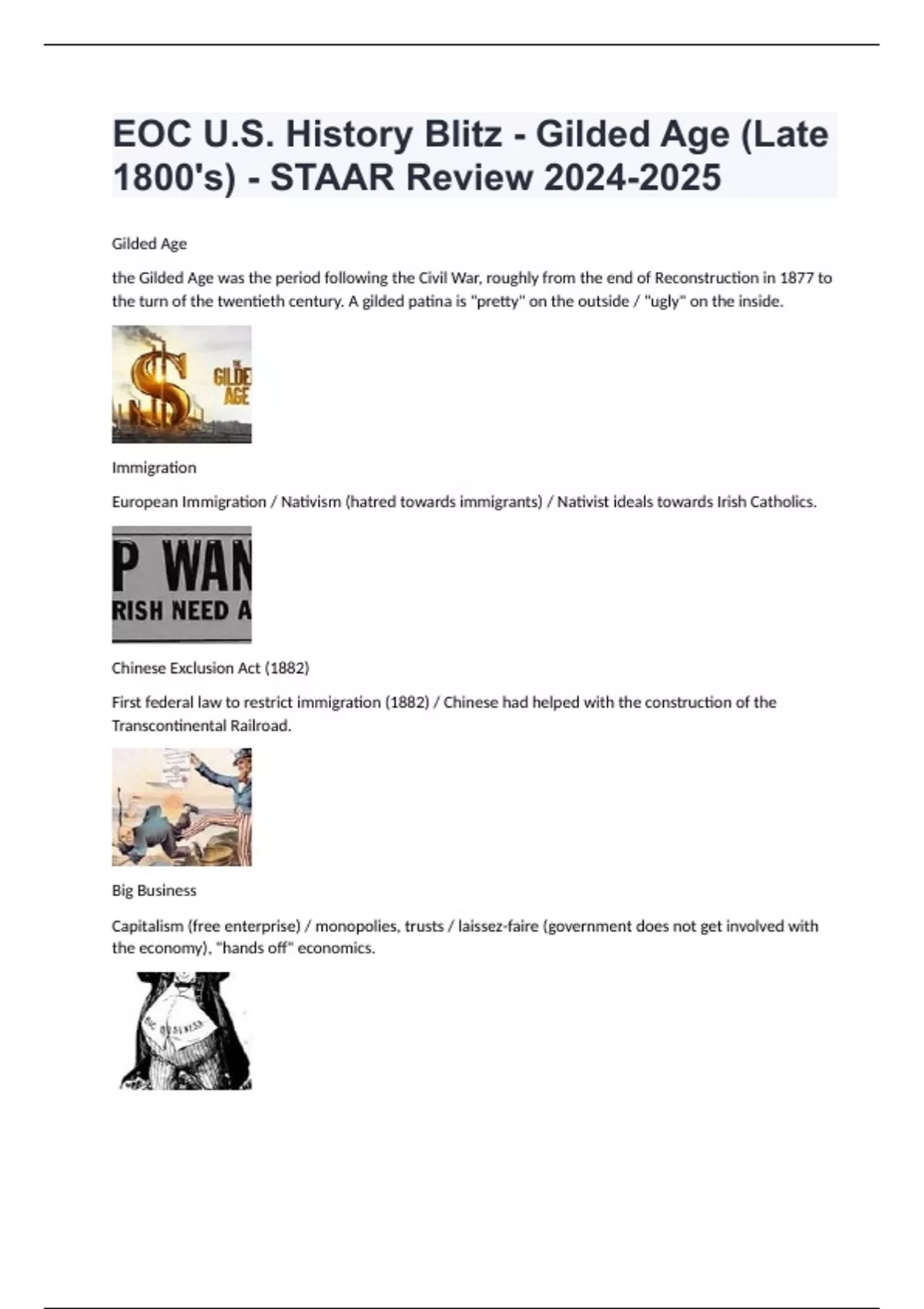 EOC U.S. History Blitz - Gilded Age (Late 1800's) - STAAR Review ...