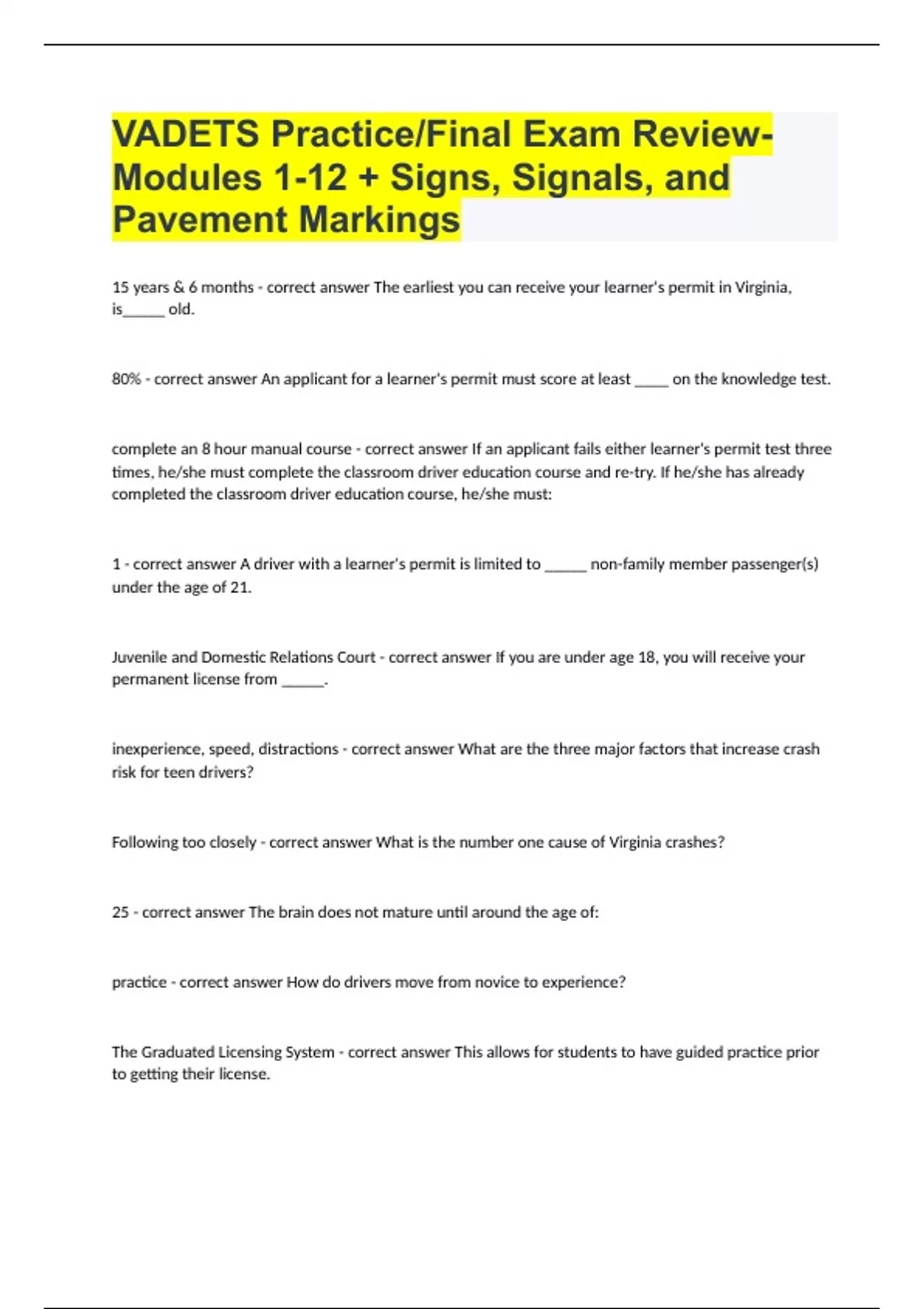 Virginia's teacher association VADETS Practice/Final Exam Review- Modules 1-12 + Signs, Signals ...