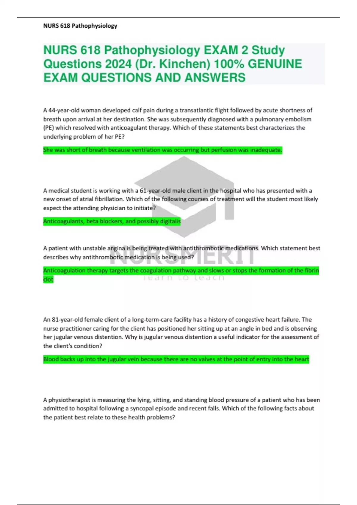NURS 618 Pathophysiology EXAM 2 Study Questions 2024 (Dr. Kinchen) 100% GENUINE EXAM QUESTIONS ...