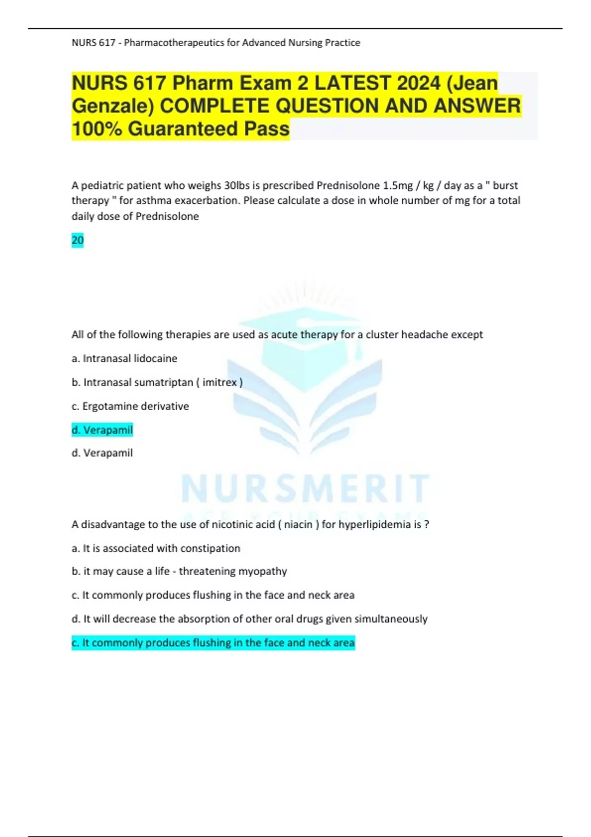 NURS 617 Pharm Exam 2 LATEST 2024 (Jean Genzale) COMPLETE QUESTION AND ...