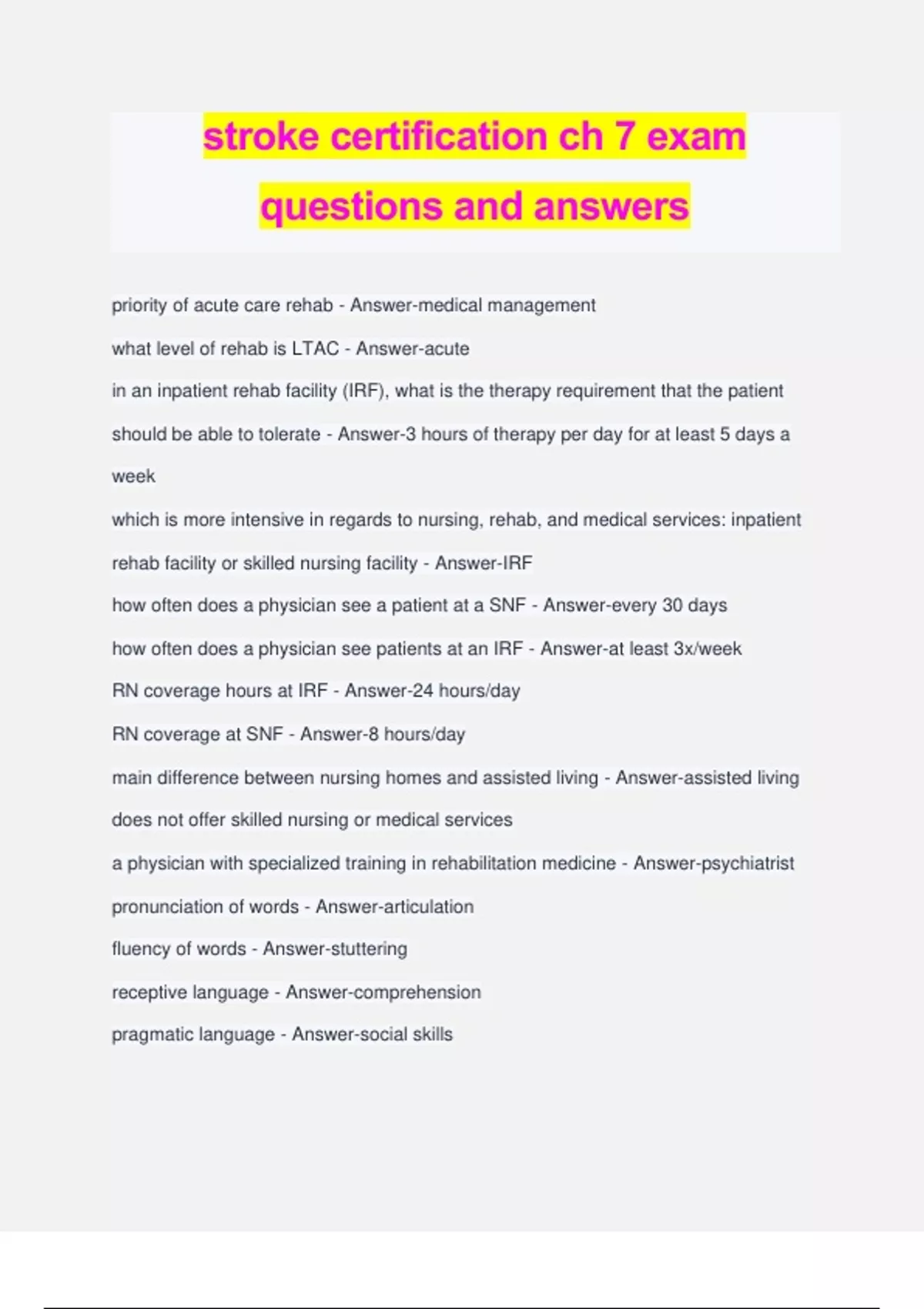 Stroke Rehabilitation Bundled Exams Questions and Answers | 100% ...