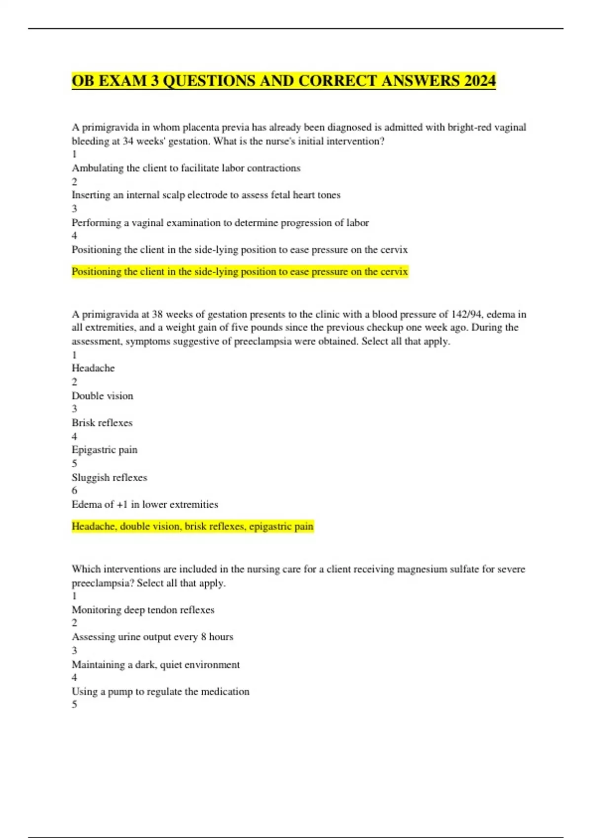 OB EXAM 3 QUESTIONS AND CORRECT ANSWERS 2024 - OB/PED - Stuvia US