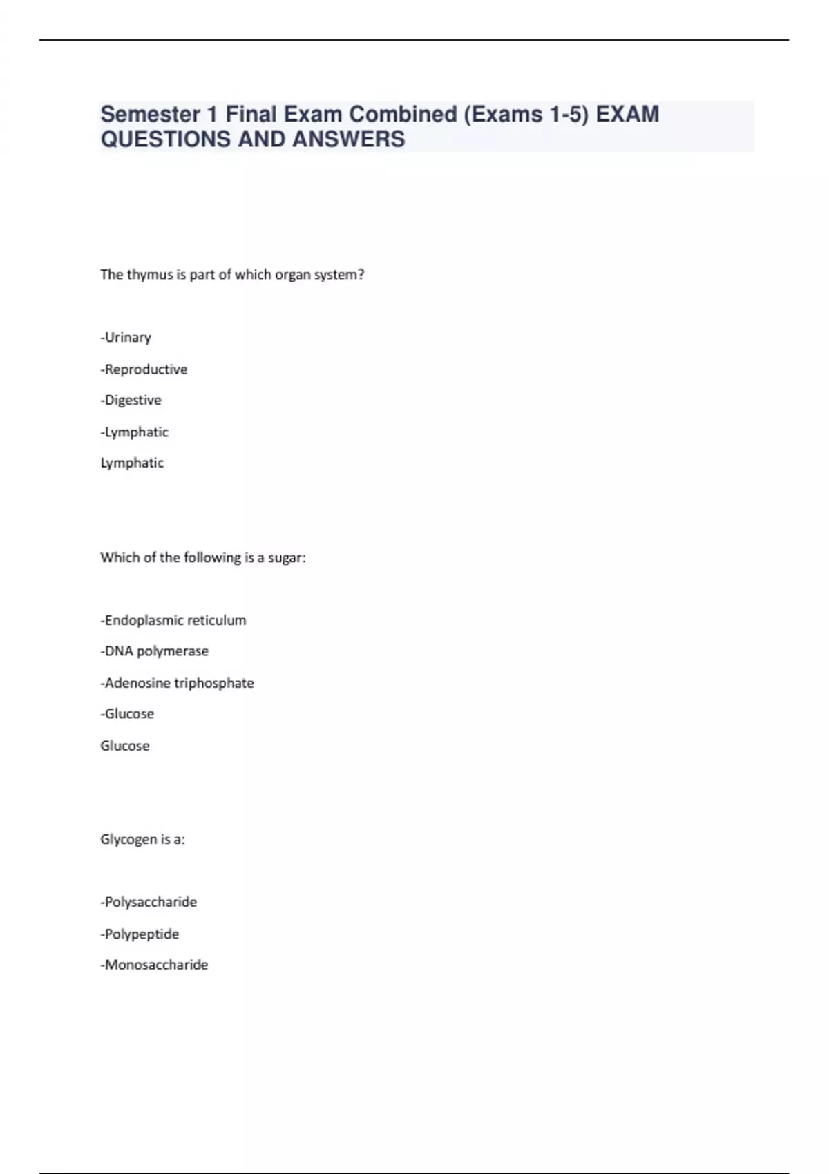 Semester 1 Final Exam Combined (Exams 1-5) EXAM QUESTIONS AND ANSWERS - Semester 1 - Stuvia US