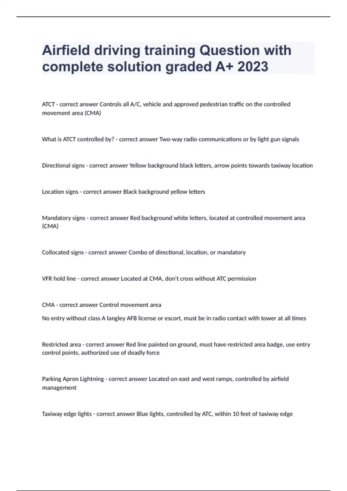 Airfield driving training Question with complete solution graded A+ ...
