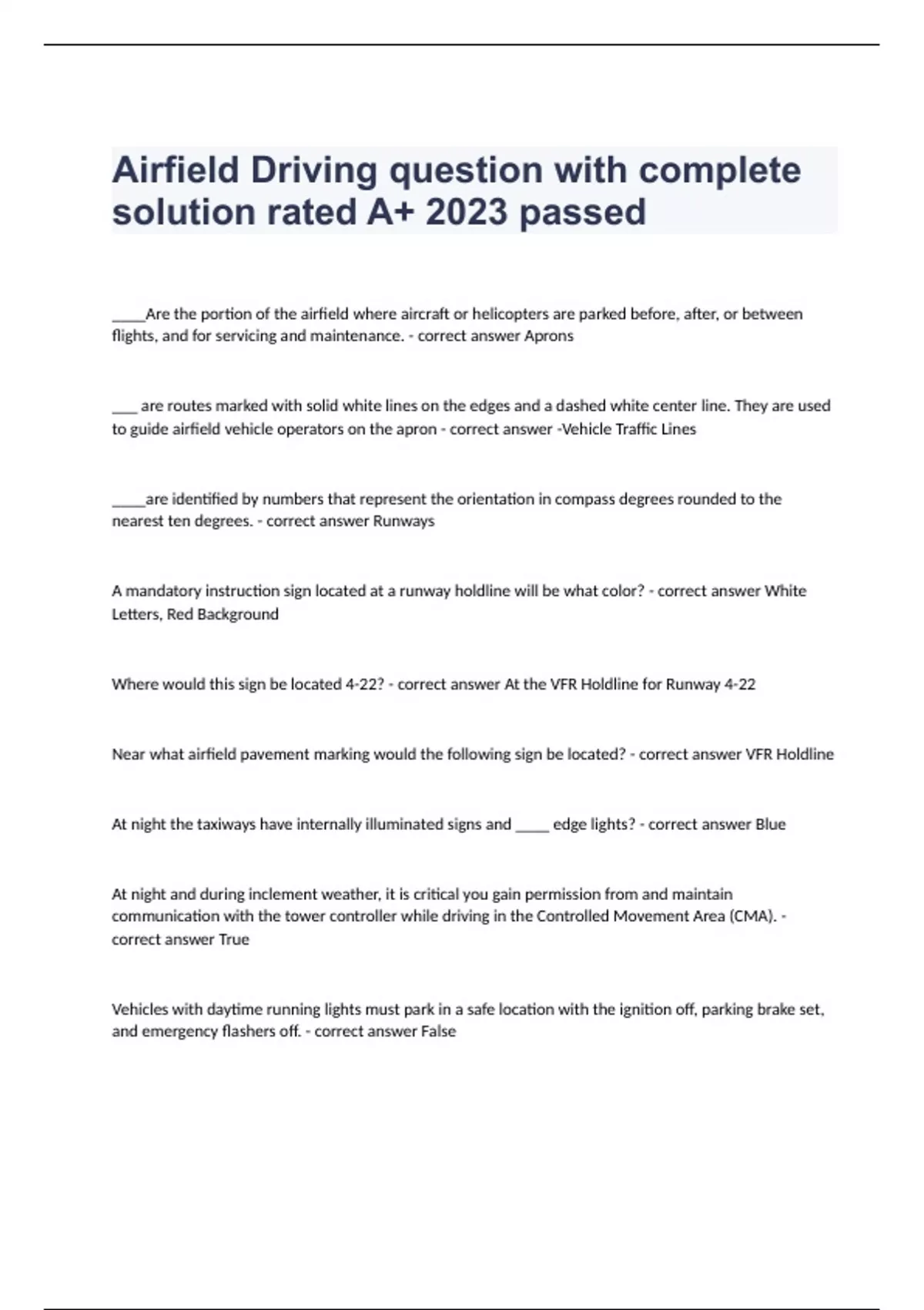 Airfield Driving question with complete solution rated A+ 2024 - Air ...