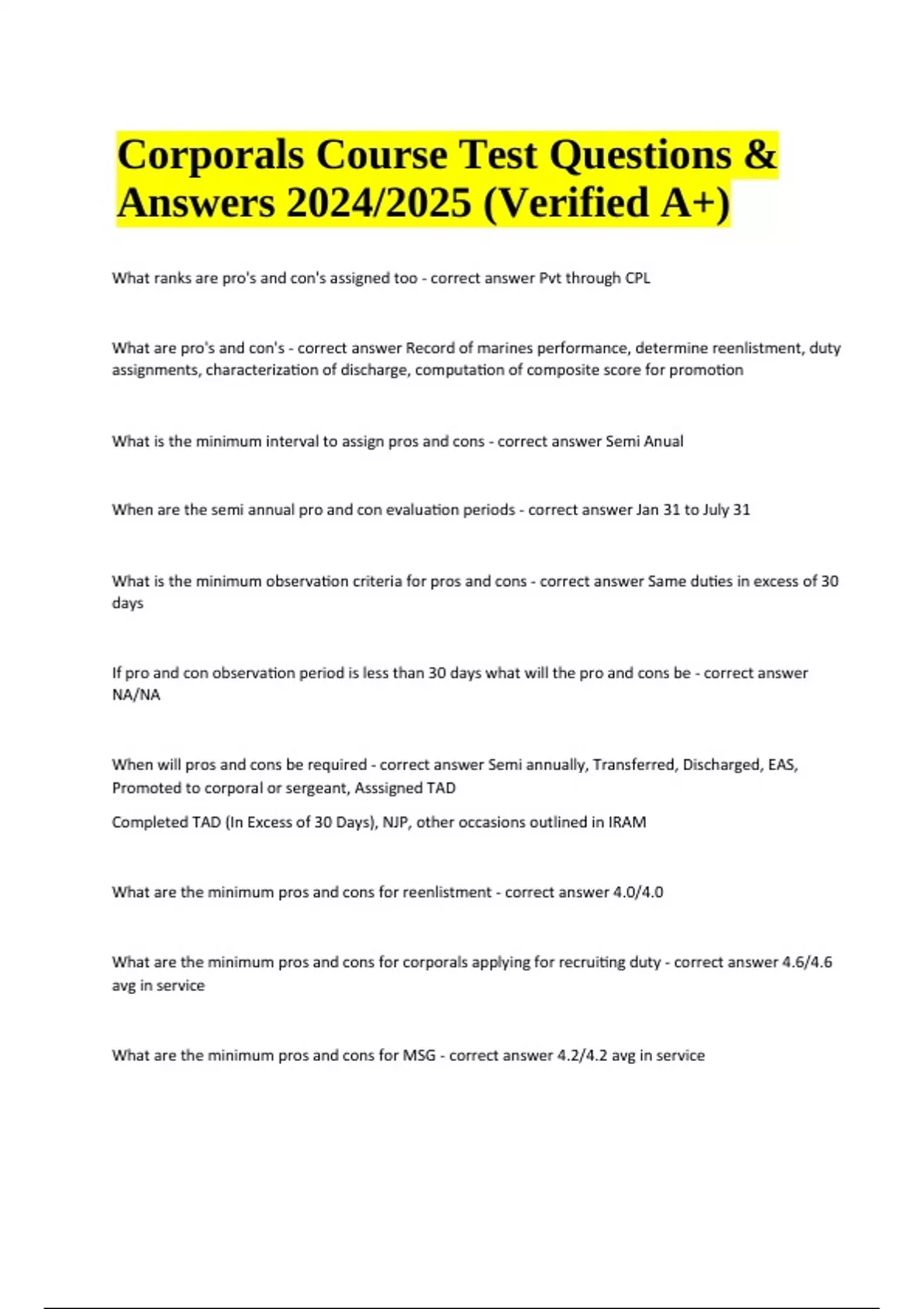 Corporals Course Test Questions And Answers Updated 2024 2025 Verified A Corporals Course