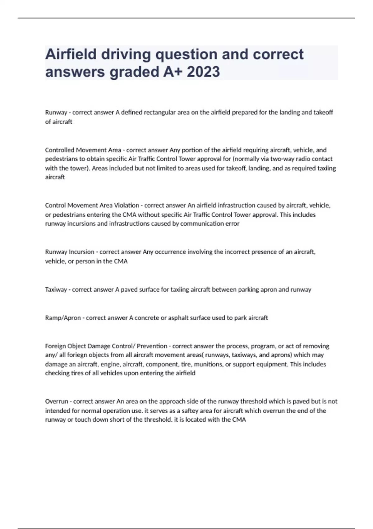 Airfield driving question and correct answers graded A+ 2024 - Air ...