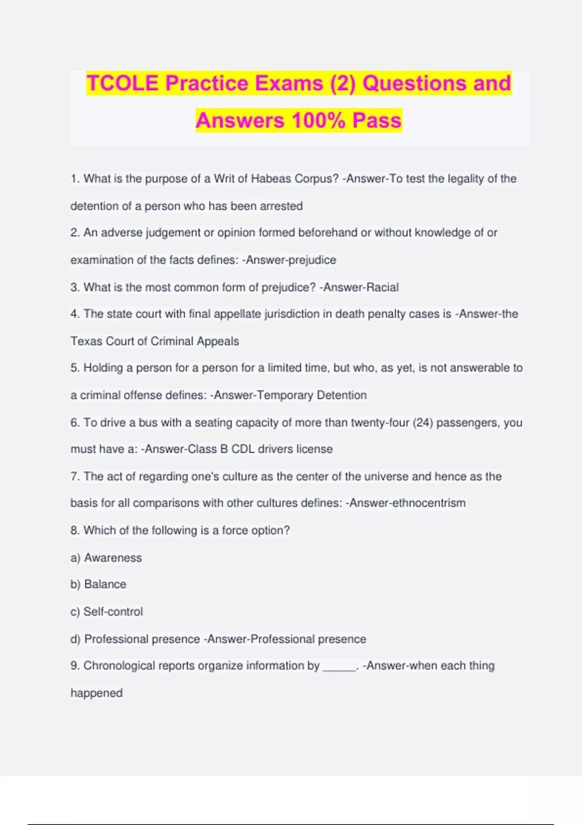 TCOLE Practice Exams (2) Questions and Answers 100% Pass - TCOLE ...