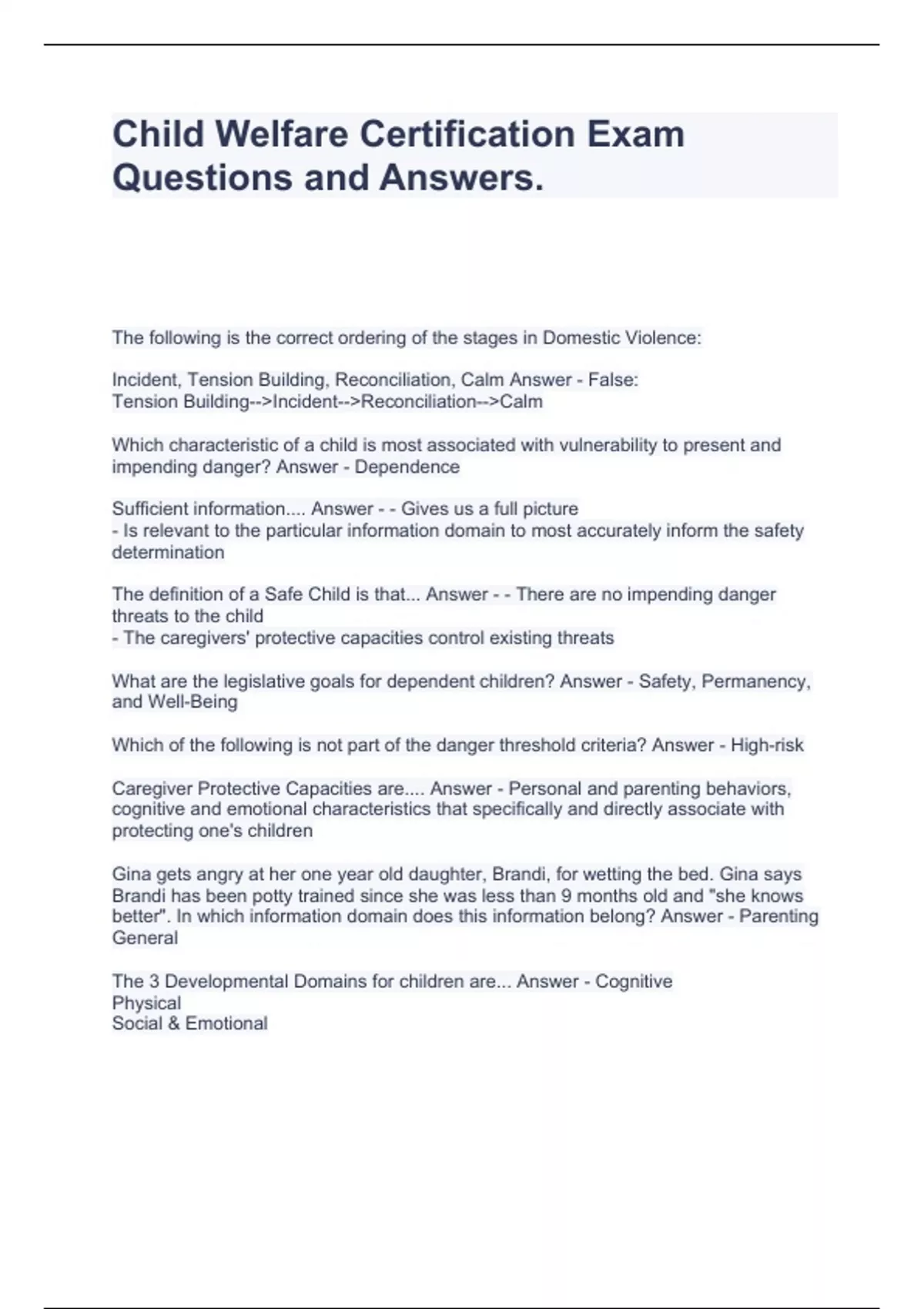 Child Welfare Certification Exam Questions and Answers - CWCM - Stuvia US