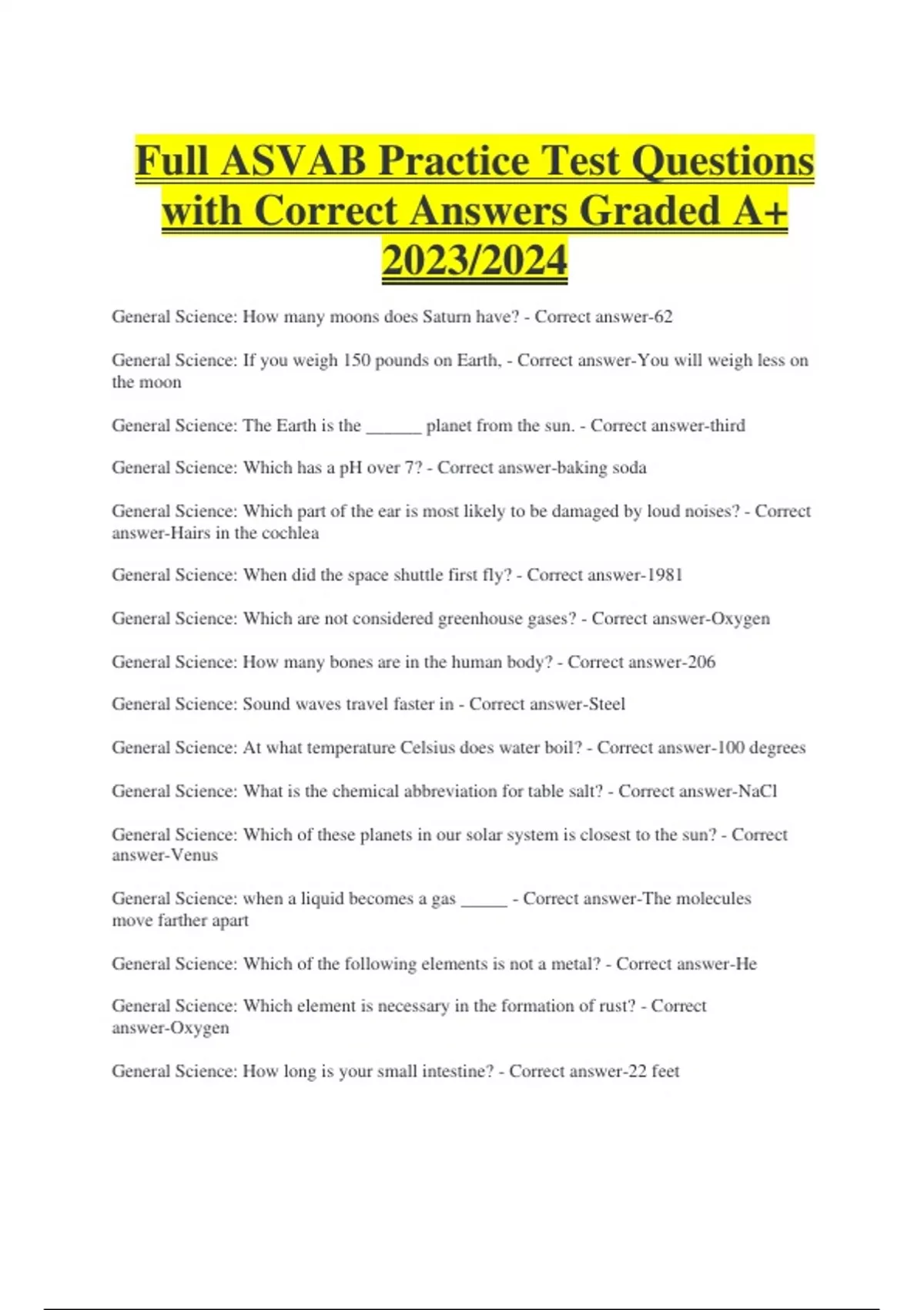 Full ASVAB Practice Test Questions with Correct Answers Graded A+ ...