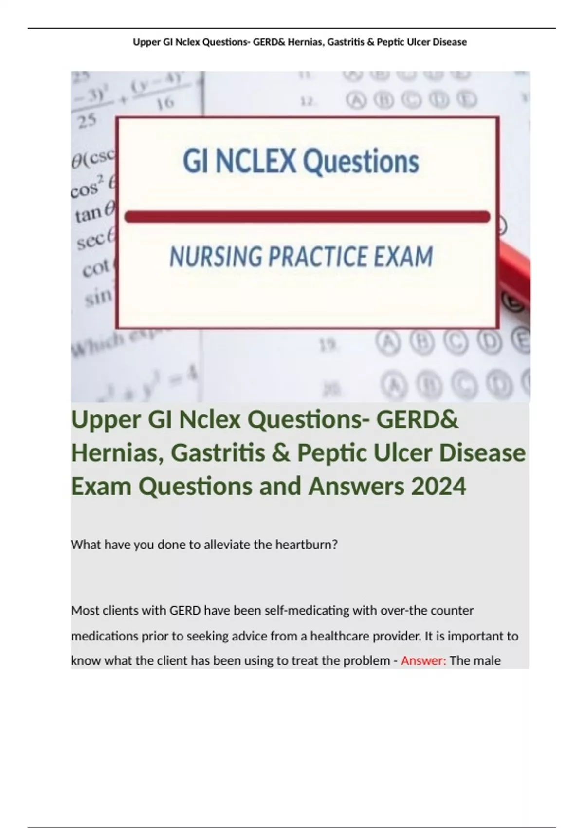 Upper GI Nclex Questions- GERD& Hernias, Gastritis & Peptic Ulcer ...