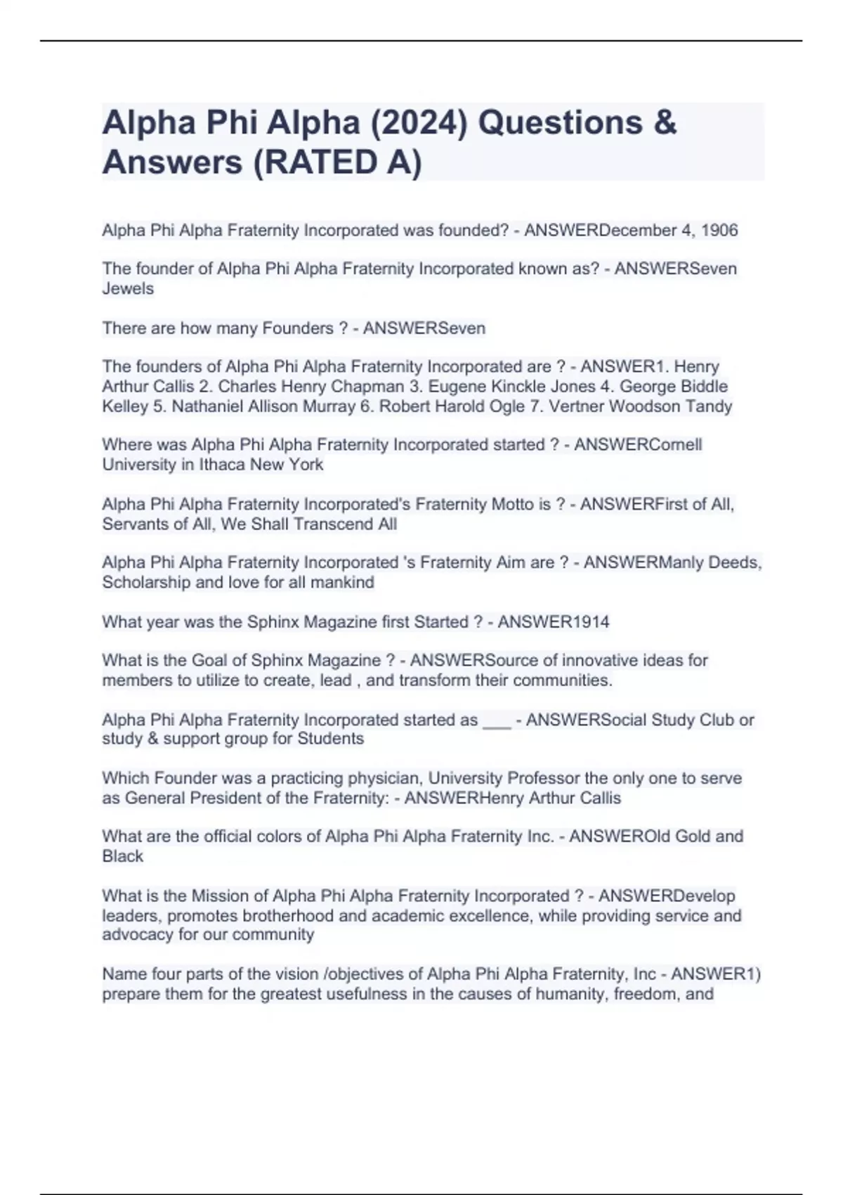 Alpha Phi Alpha Exam BUNDLE PACK (2024) Questions and Answers 100% Correct!! - Stuvia US