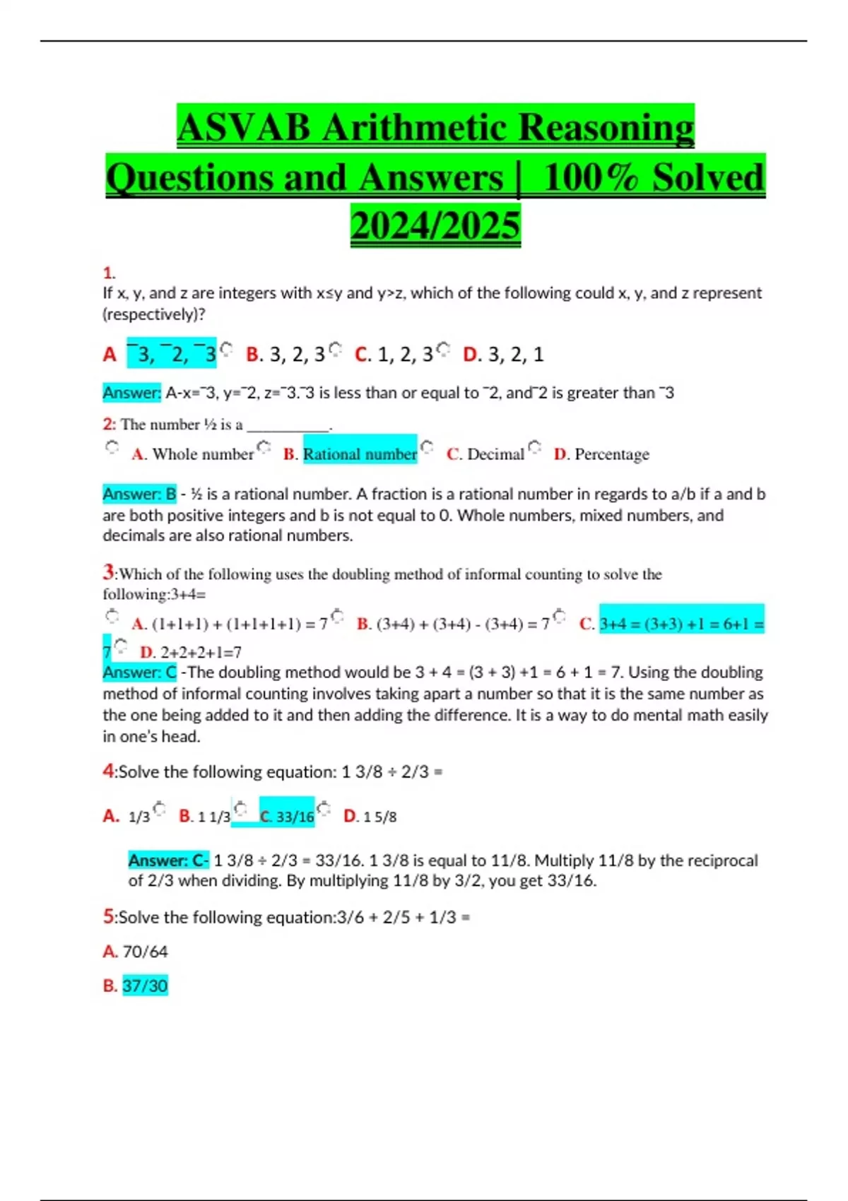 ASVAB Arithmetic Reasoning Questions and Answers | 100% Solved 2024/ ...