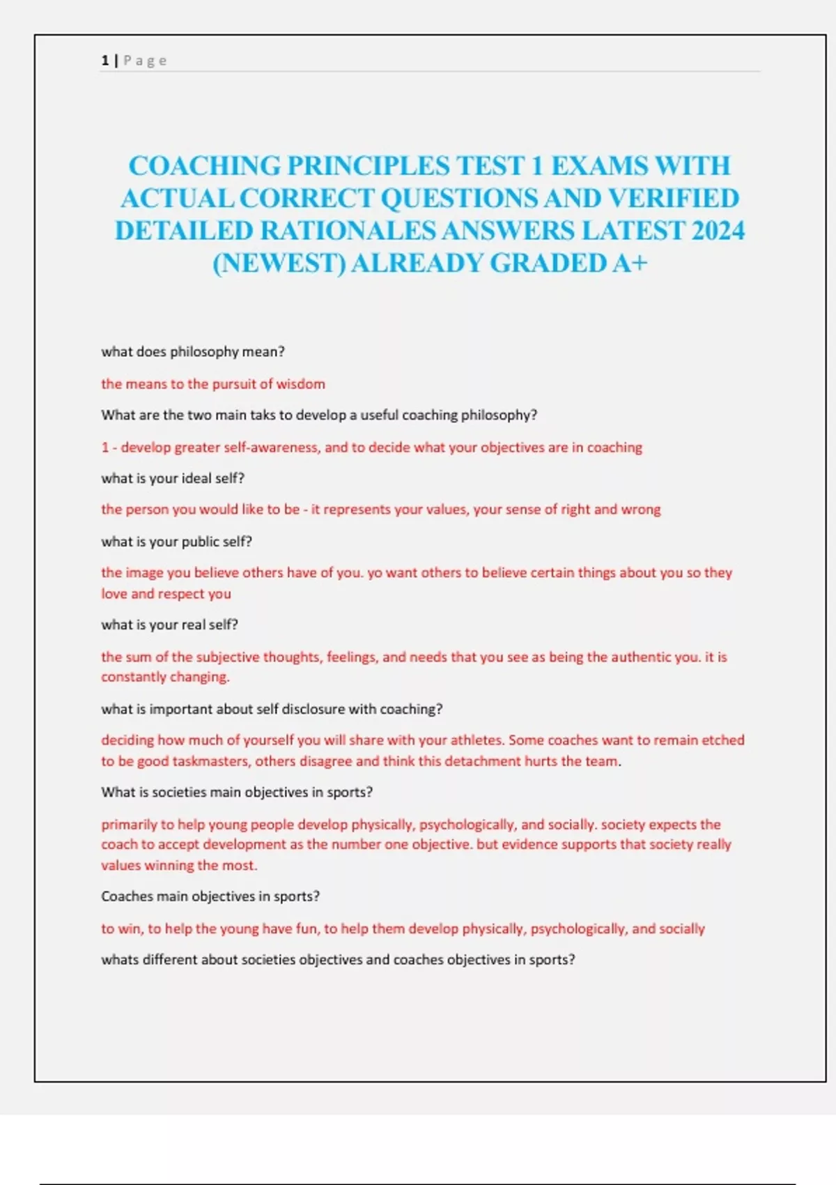 COACHING PRINCIPLES TEST 1 EXAMS WITH ACTUAL CORRECT QUESTIONS AND ...