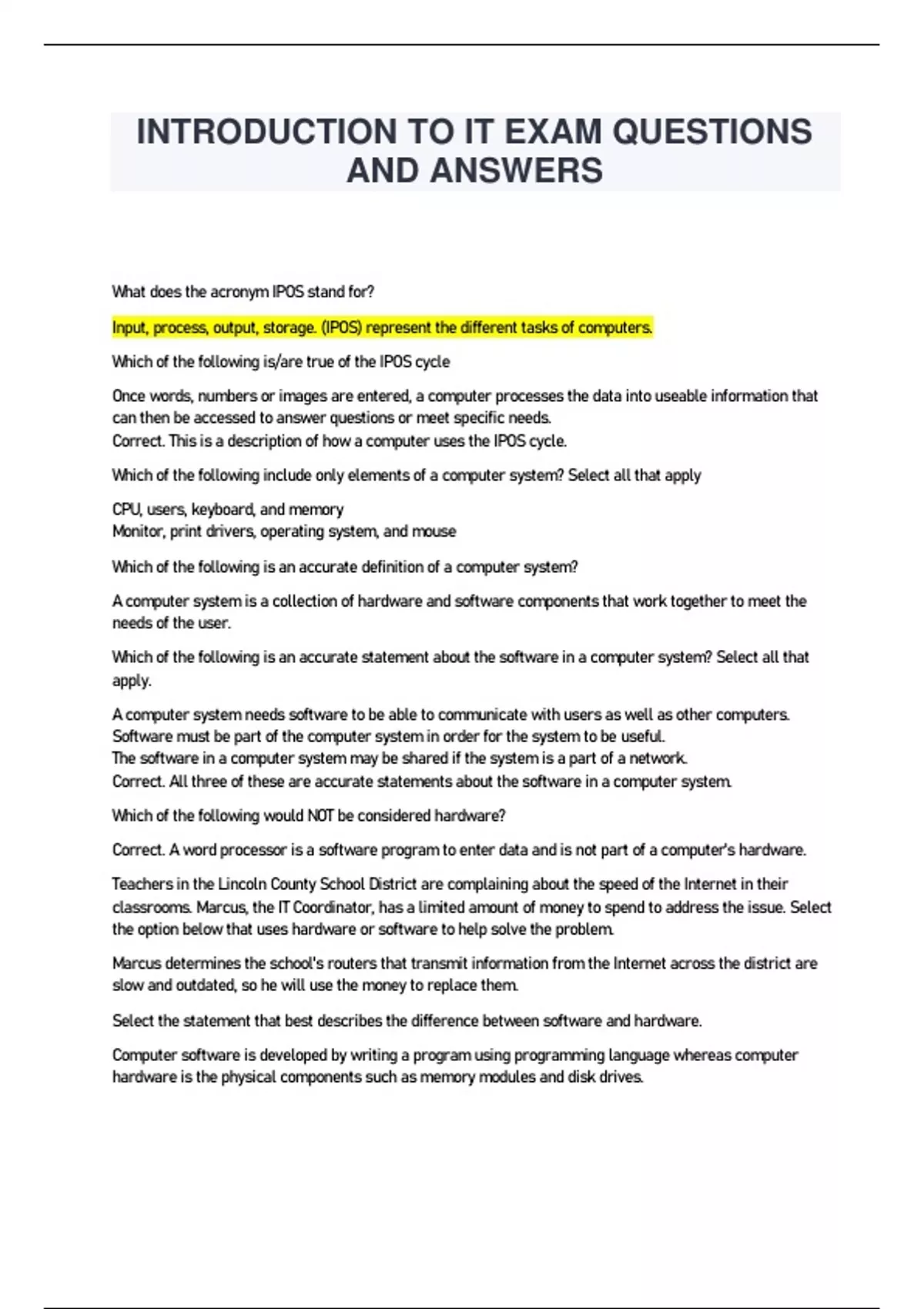 2024 INTRODUCTION TO IT EXAM QUESTIONS AND ANSWERS - INTRODUCTION TO IT ...