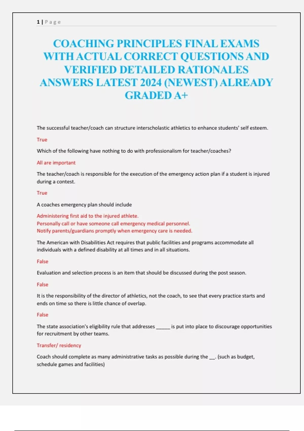 COACHING PRINCIPLES FINAL EXAMS WITH ACTUAL CORRECT QUESTIONS AND ...