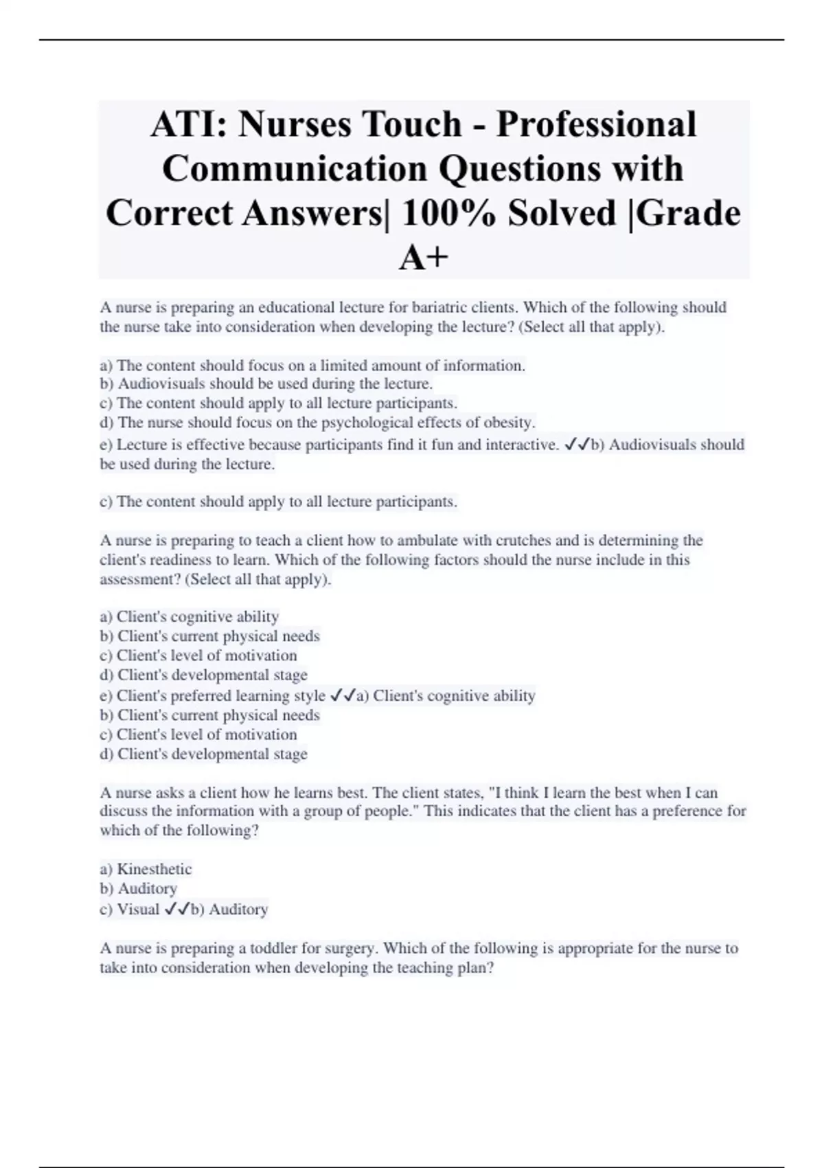 ATI: Nurses Touch - Professional Communication Questions with Correct ...