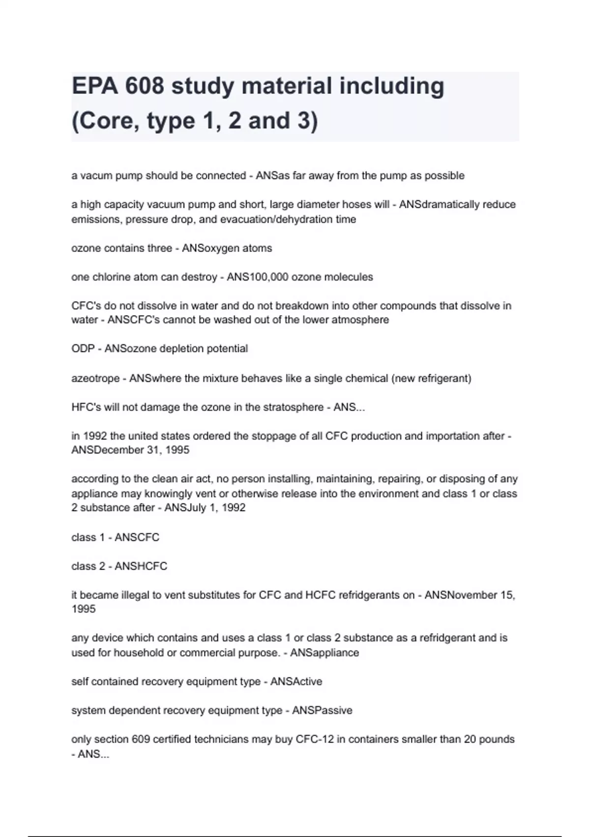 EPA 608 study material including (Core, type 1, 2 and 3) graded A+ 2024/2025 - EPA certification ...