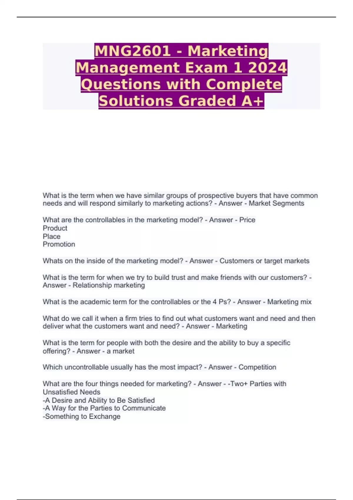 MNG2601 - Marketing Management Exam 1 2024 Questions with Complete ...