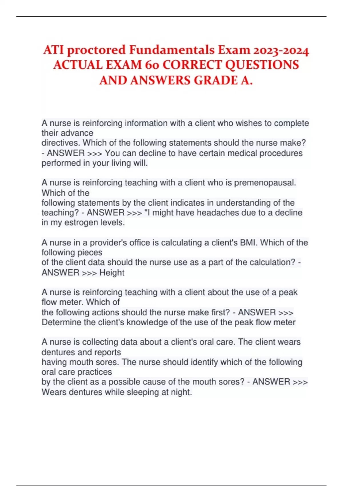 ATI proctored Fundamentals Exam ACTUAL EXAM 60 CORRECT QUESTIONS AND ...