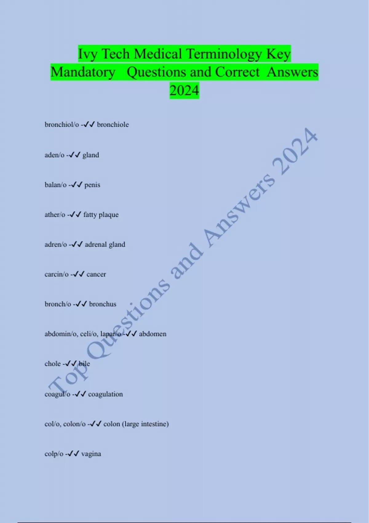 Ivy Tech Medical Terminology Key Mandatory Questions and Correct ...