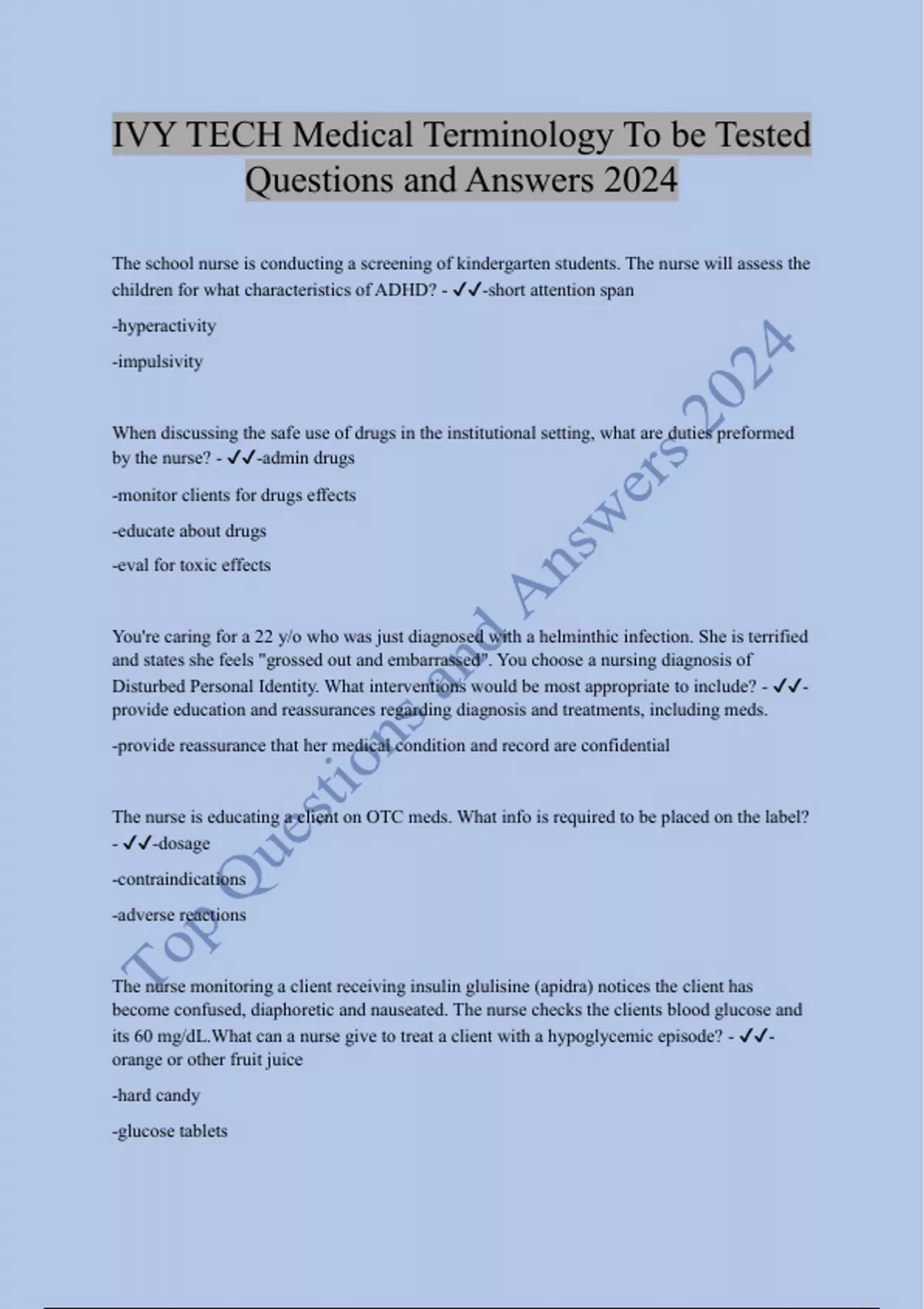 IVY TECH Medical Terminology To be Tested Questions and Answers 2024 ...