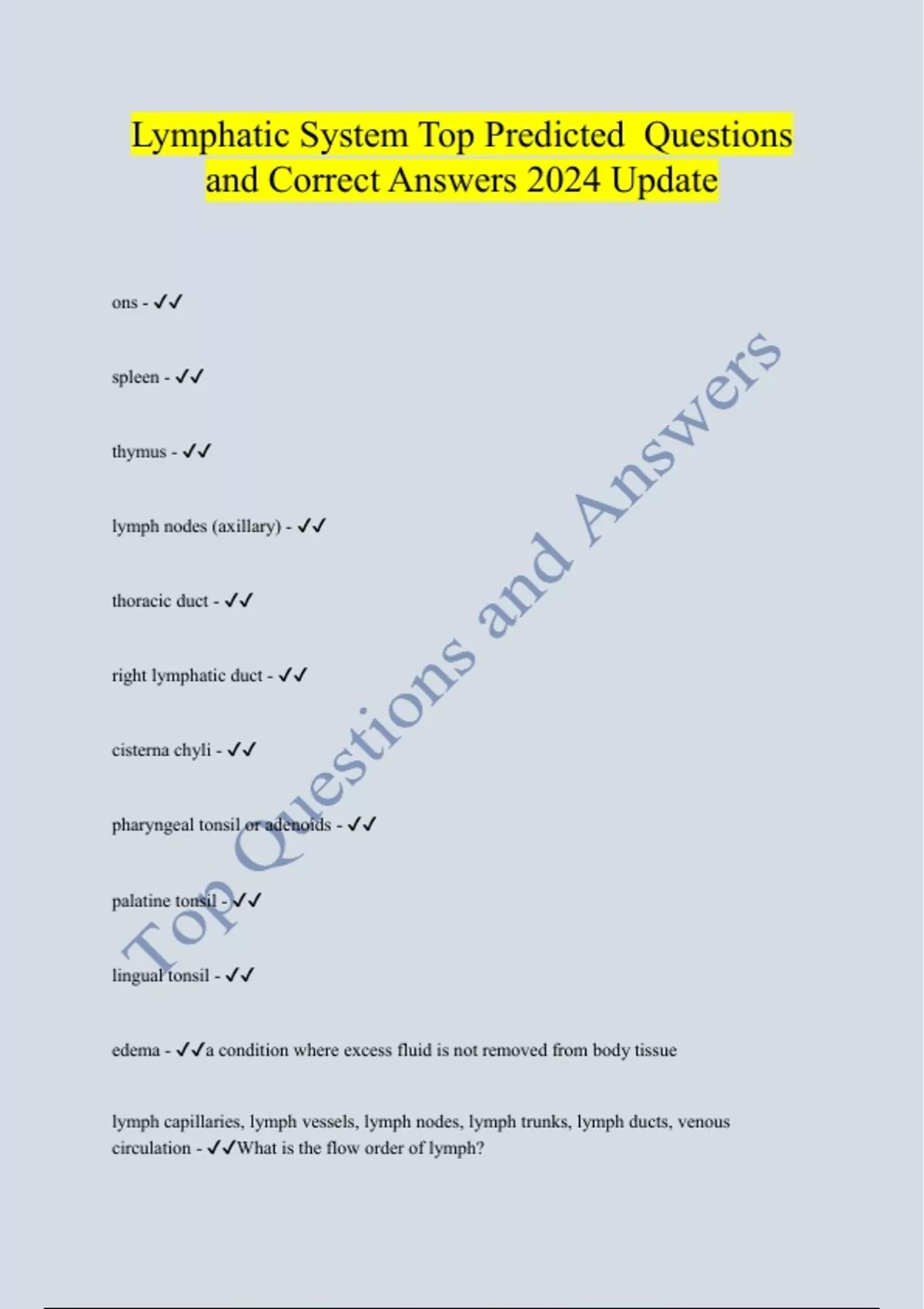 Lymphatic System Top Predicted Questions and Correct Answers 2024 ...