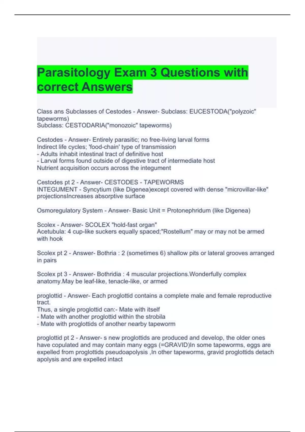 Parasitology Exam 3 Questions with correct Answers - Parasitology - Stuvia US