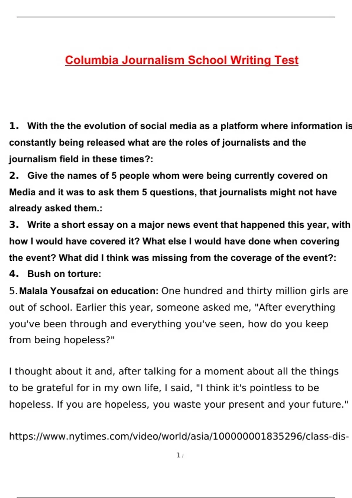Columbia Journalism School Writing Test Actual Questions and Answers ...