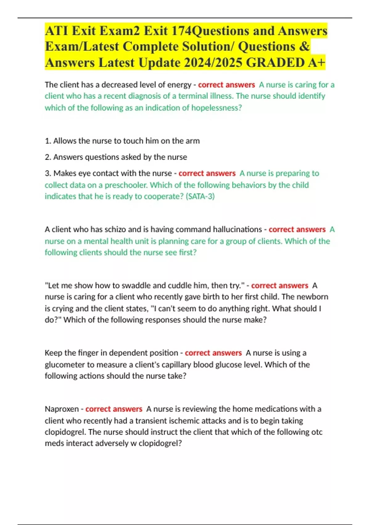 ATI Exit Exam2 Exit 174Questions and Answers Exam/Latest Complete ...