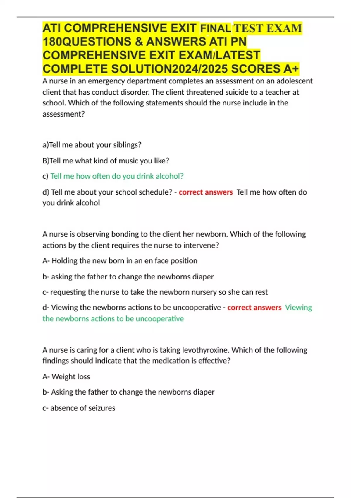 ATI COMPREHENSIVE EXIT FINAL TEST EXAM 180QUESTIONS & ANSWERS ATI PN ...