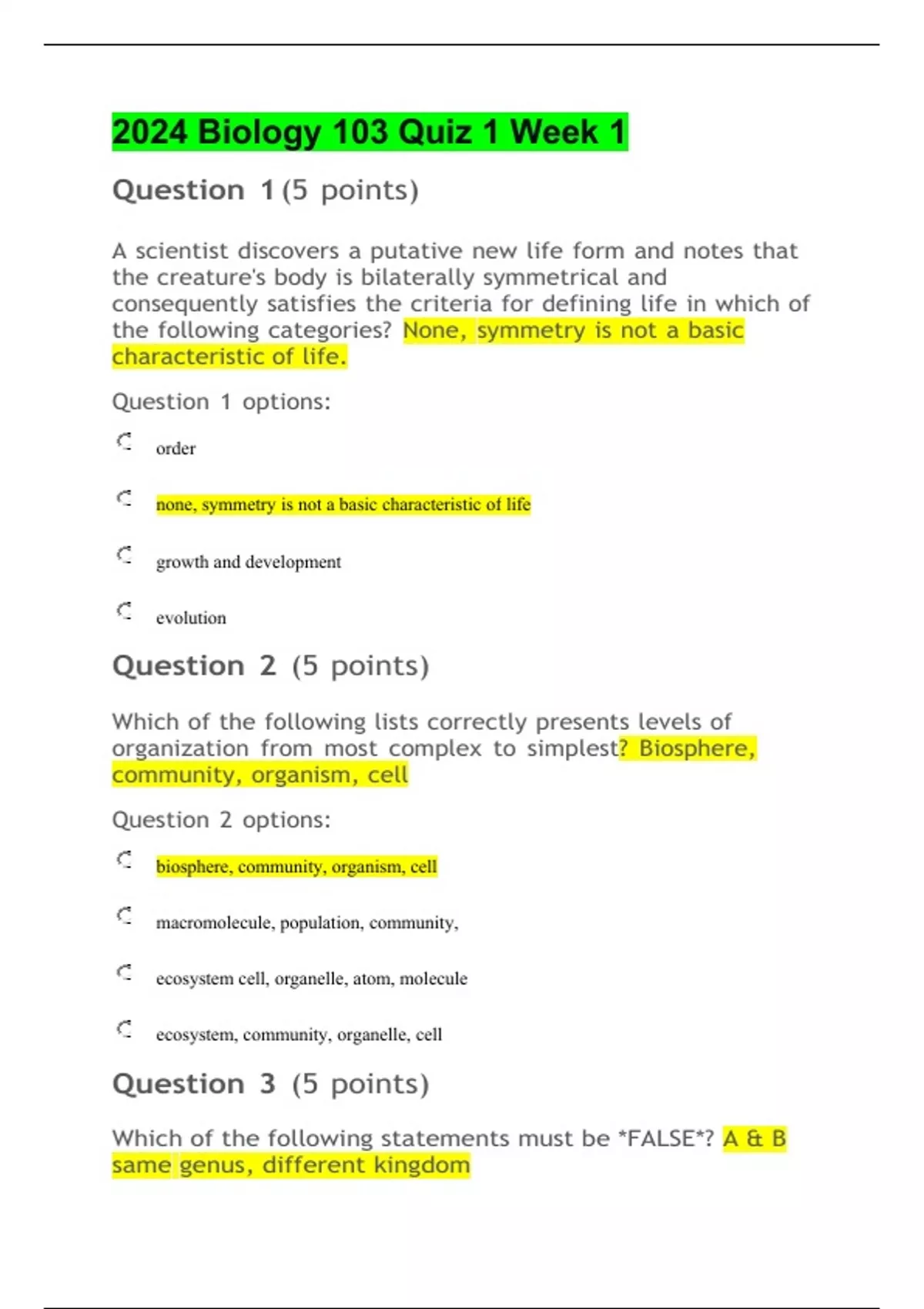 2024 Biology 103 Quiz 1 Week 1 - 2024 Biology - Stuvia US