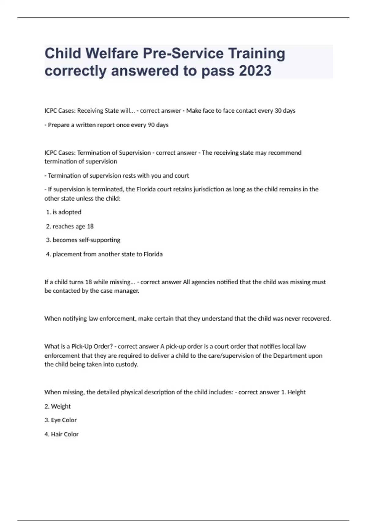 Child Welfare Pre-Service Training Question and answers rated A+ 2024 ...