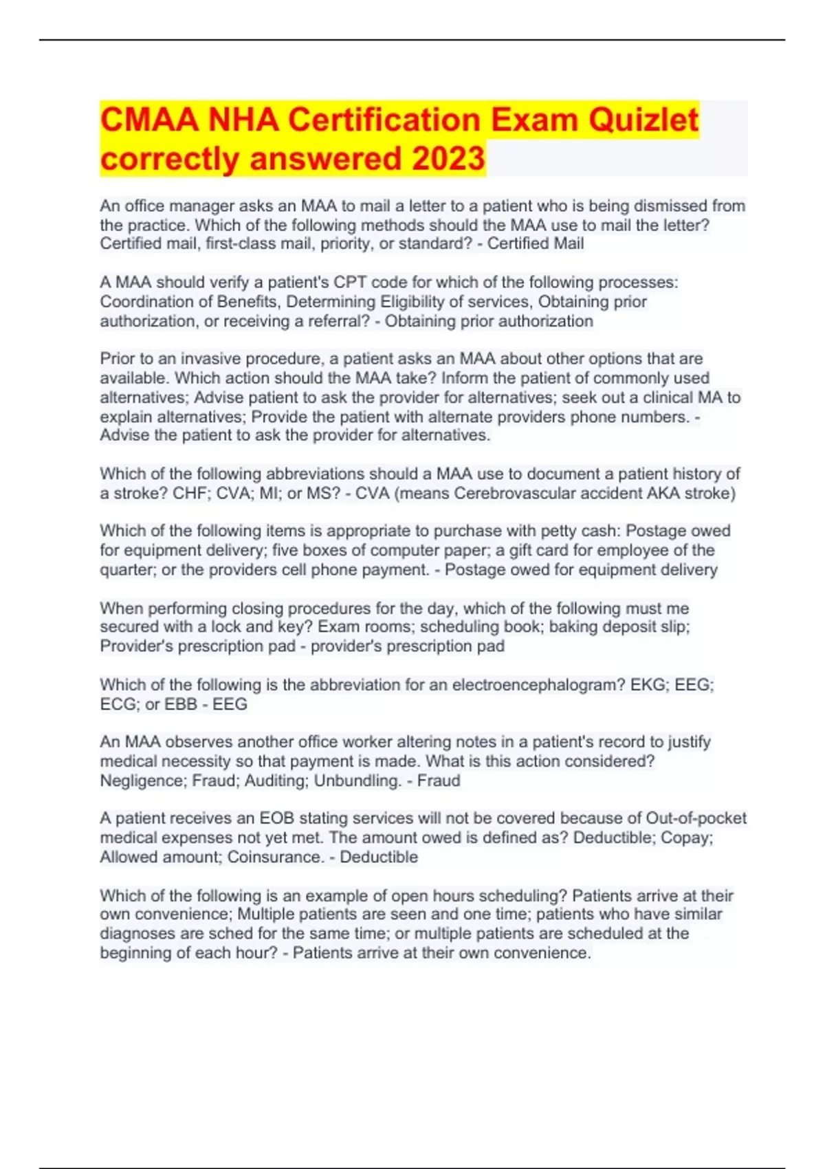 CMAA NHA Certification Exam Quizlet Question and answers 2024 verified ...