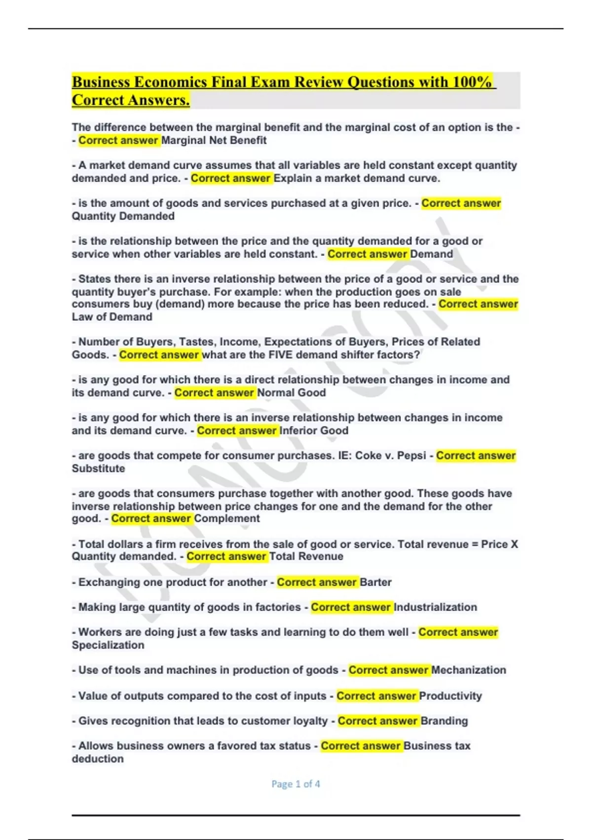 Business Economics Final Exam Review Questions with 100% Correct ...