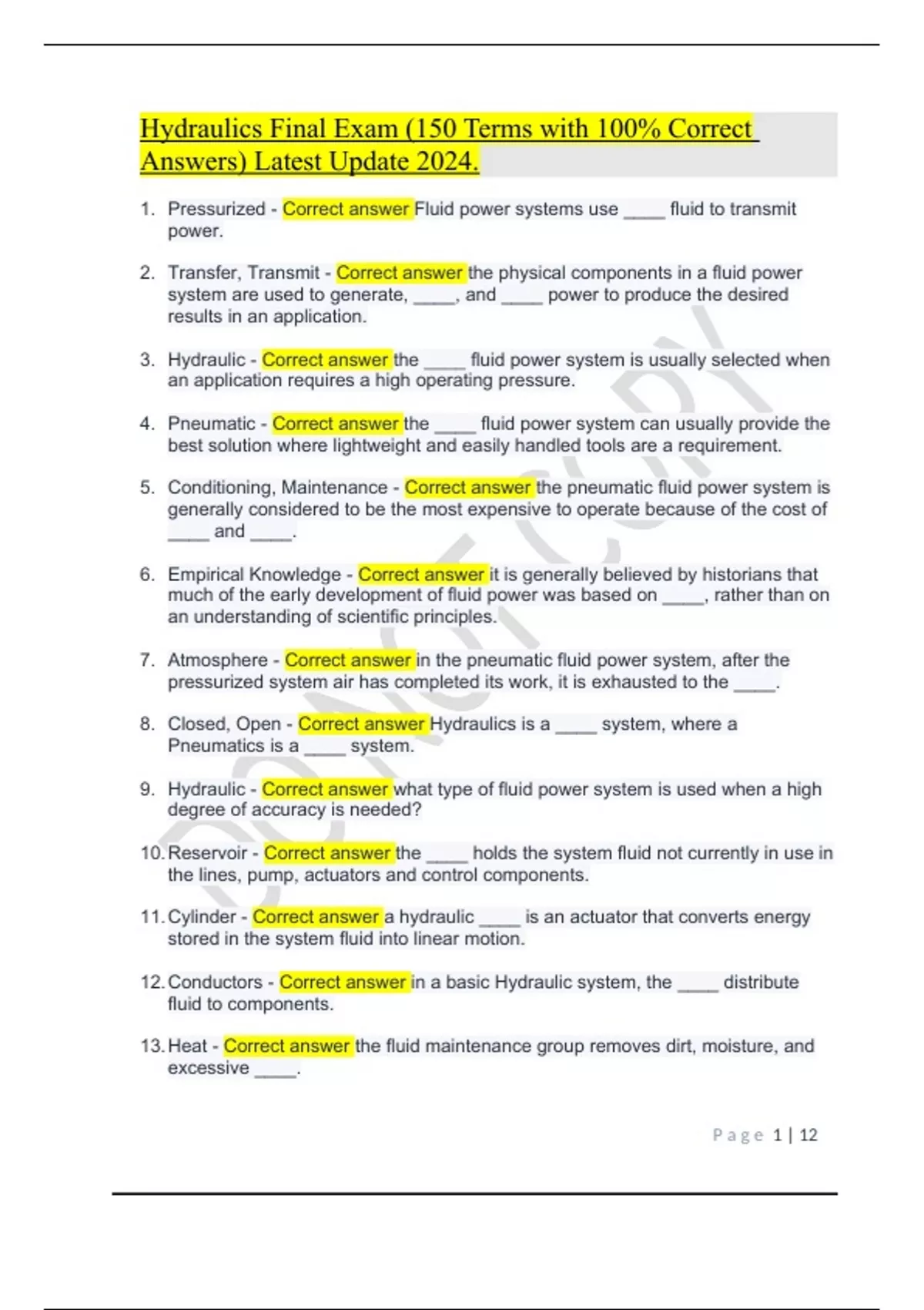 Hydraulics Final Exam (150 Terms with 100% Correct Answers) Latest ...
