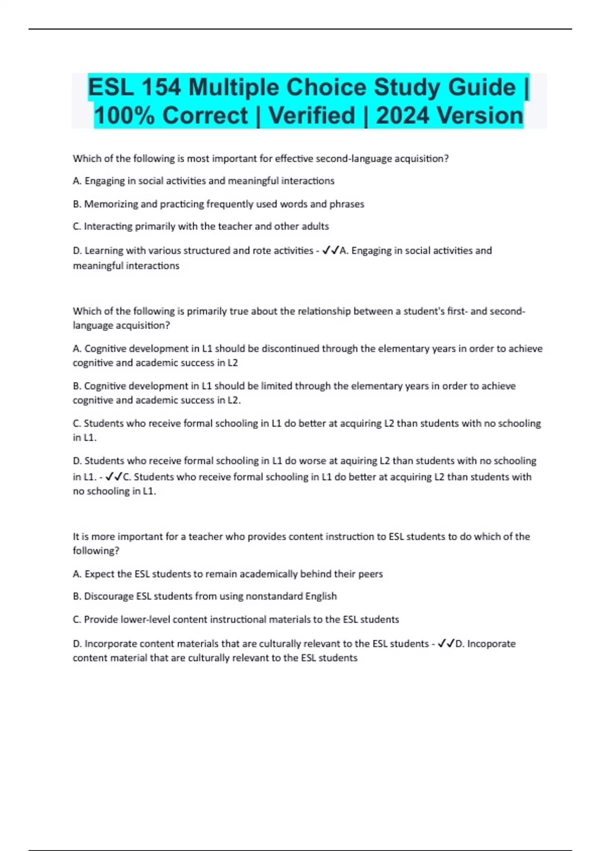 ESL 154 Multiple Choice Study Guide | 100% Correct | Verified | 2024 ...