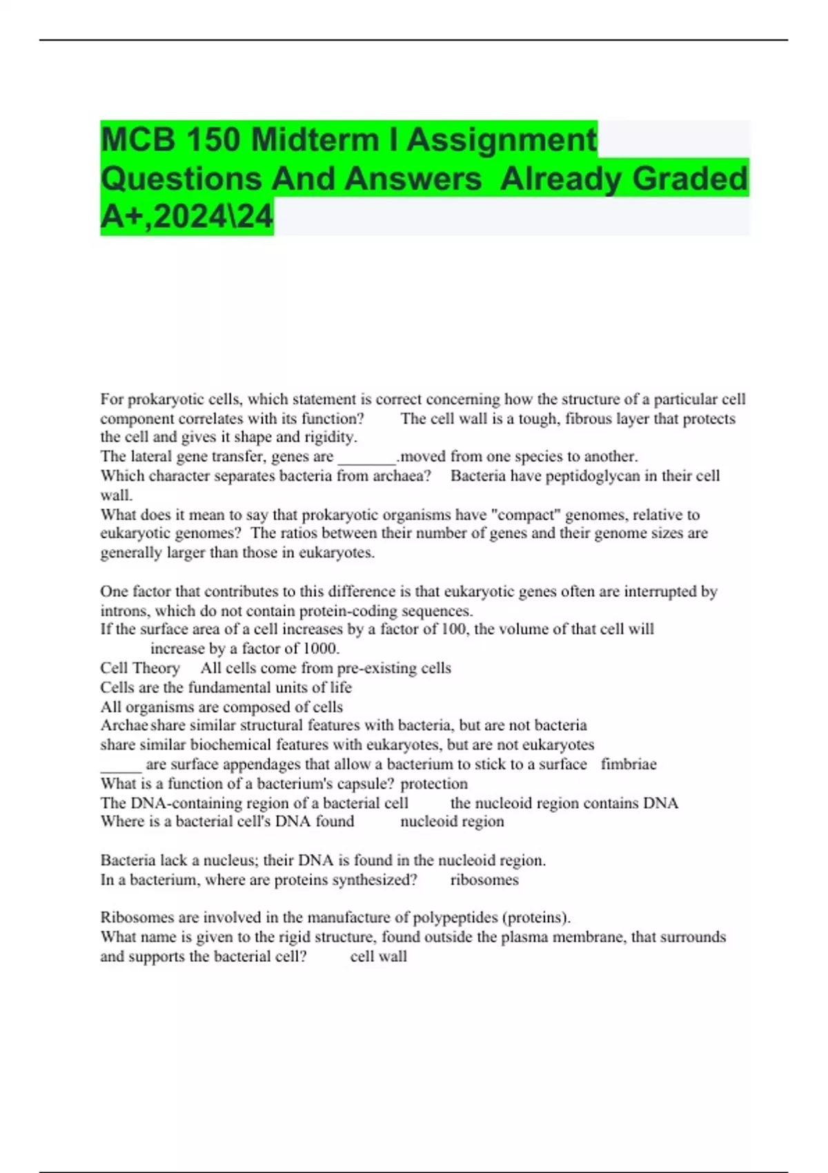 MCB 150 Midterm I Assignment Questions And Answers Already Graded A+,202424 - MCB 150 - Stuvia US