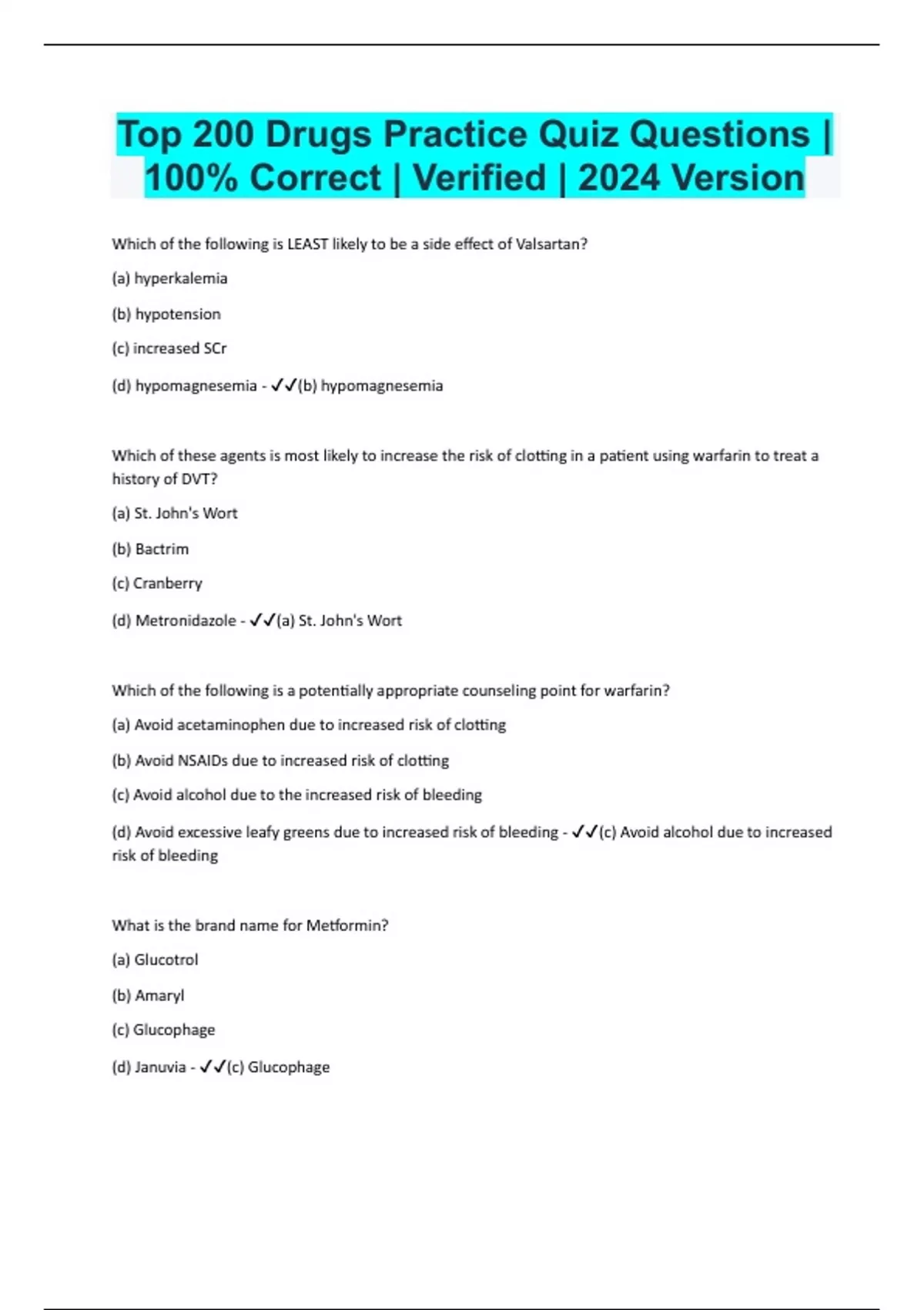 Top 200 Drugs Practice Quiz Questions | 100% Correct | Verified | 2024 ...