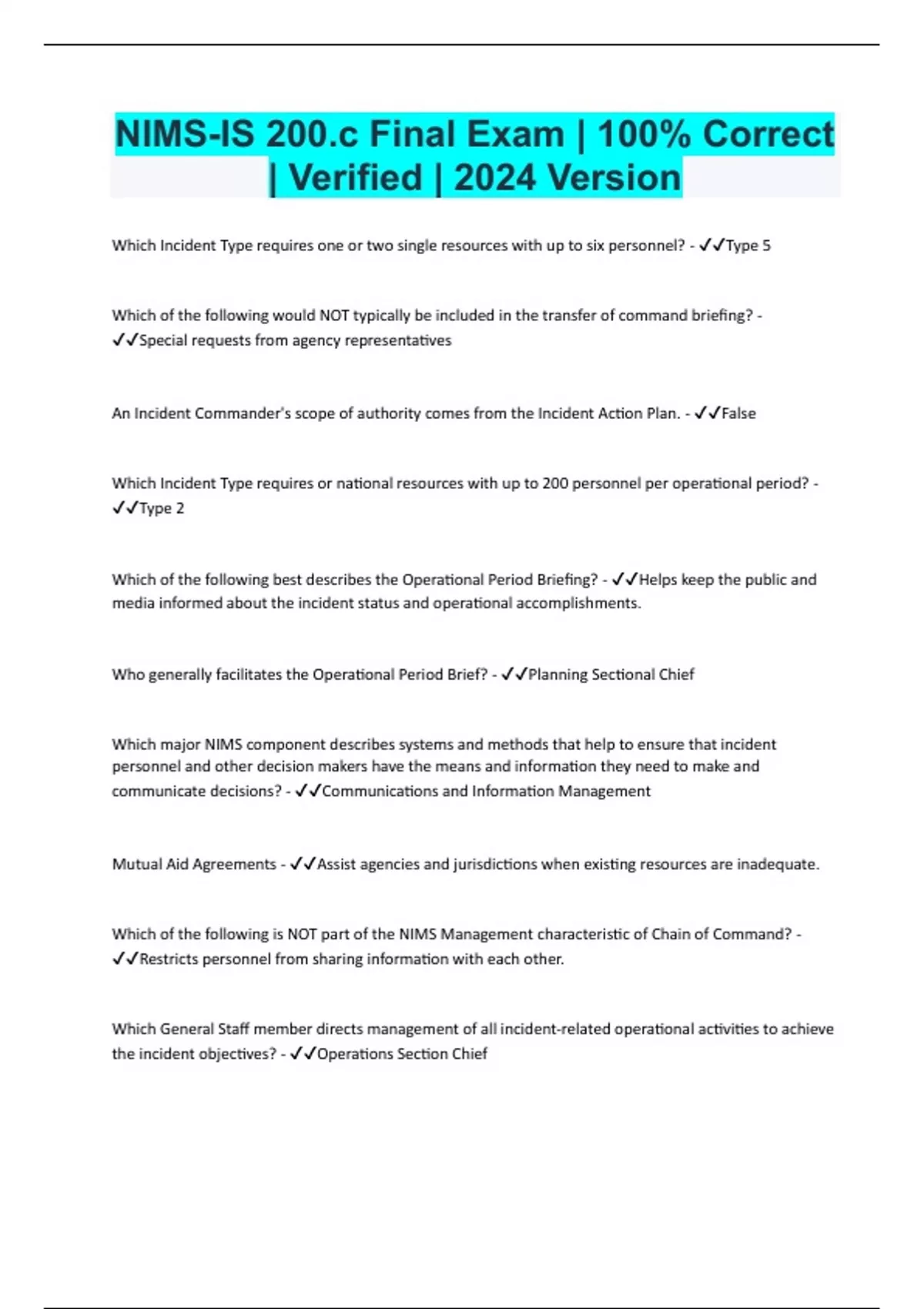 NIMS-IS 200.c Final Exam | 100% Correct | Verified | 2024 Version ...