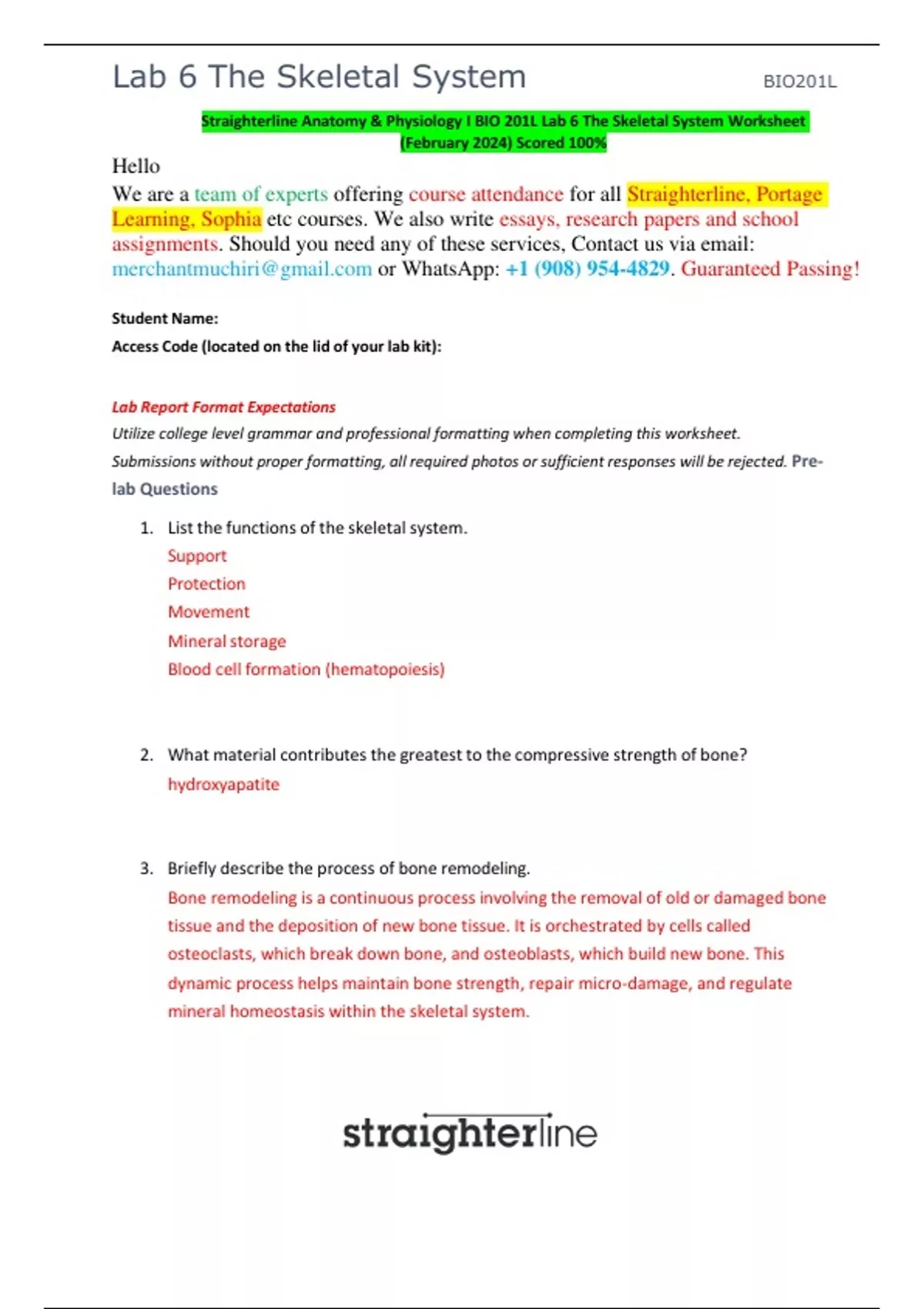 Straighterline Anatomy & Physiology I BIO 201L Lab 6 The Skeletal ...