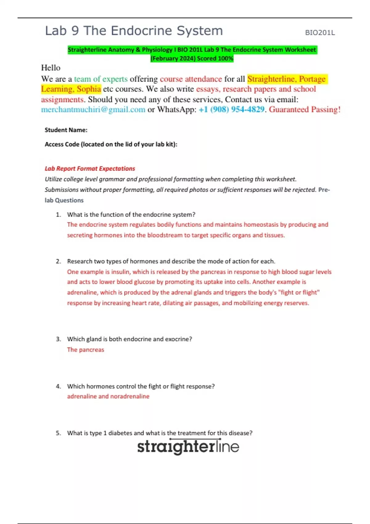 Straighterline Anatomy & Physiology I BIO 201L Lab 9 The Endocrine ...